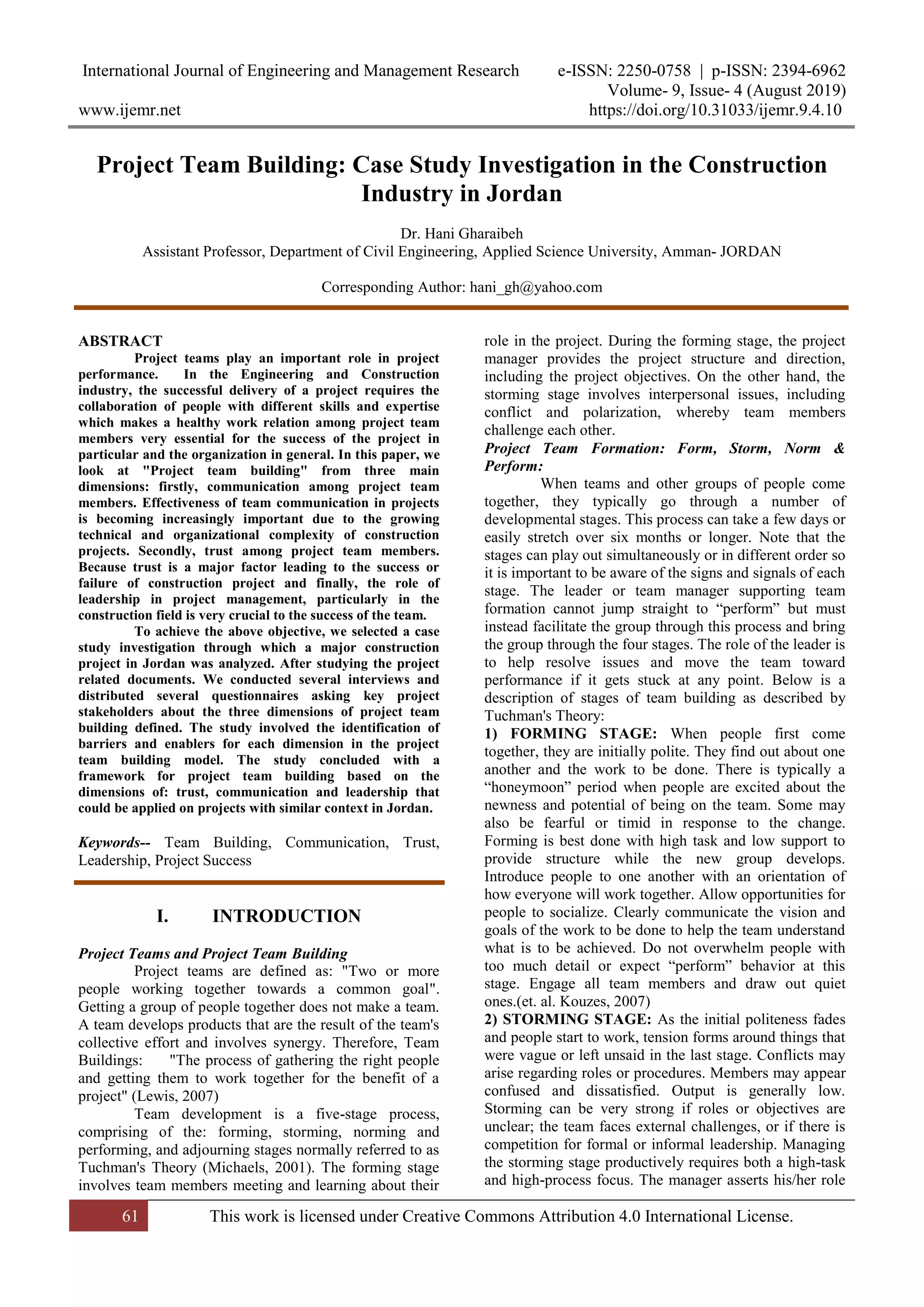 Project Team Building: Case Study Investigation in the Construction Industry in Jordan | PDF