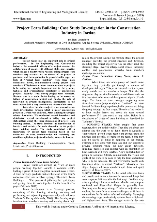 Project Team Building: Case Study Investigation in the Construction ...
