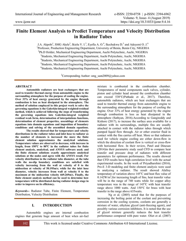 Finite Element Analysis to Predict Temperature and Velocity ...