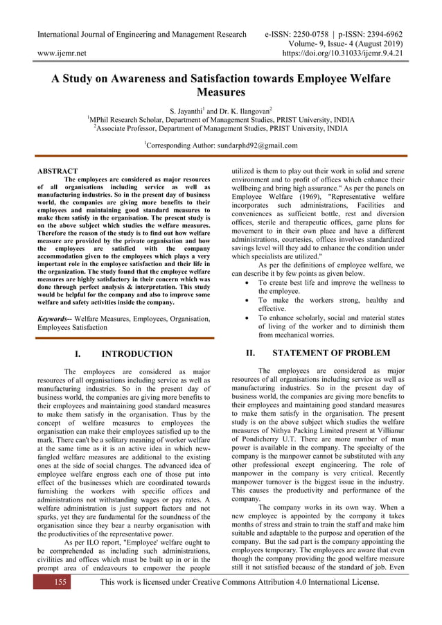 A Study on Awareness and Satisfaction towards Employee Welfare Measures ...