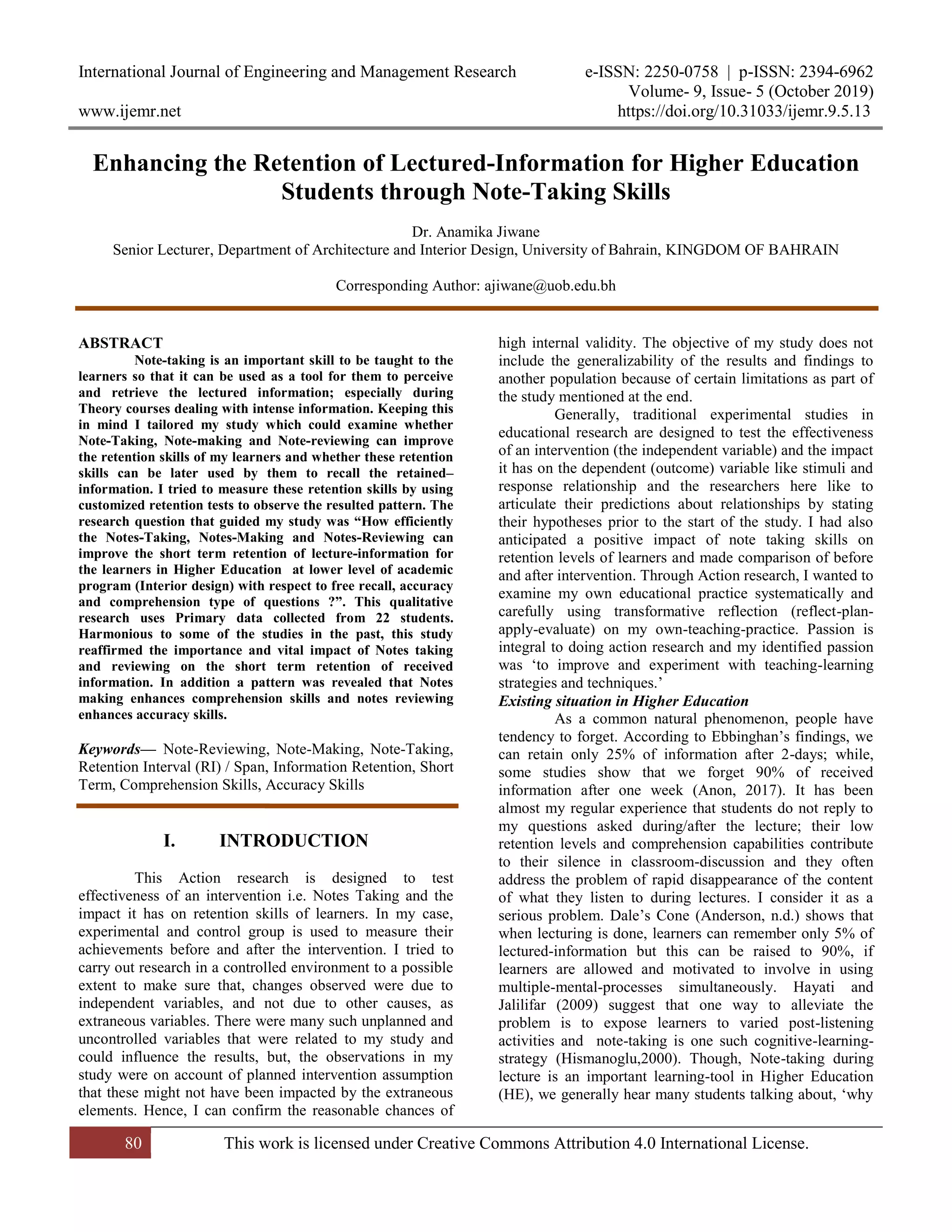 Enhancing the Retention of Lectured-Information for Higher Education ...