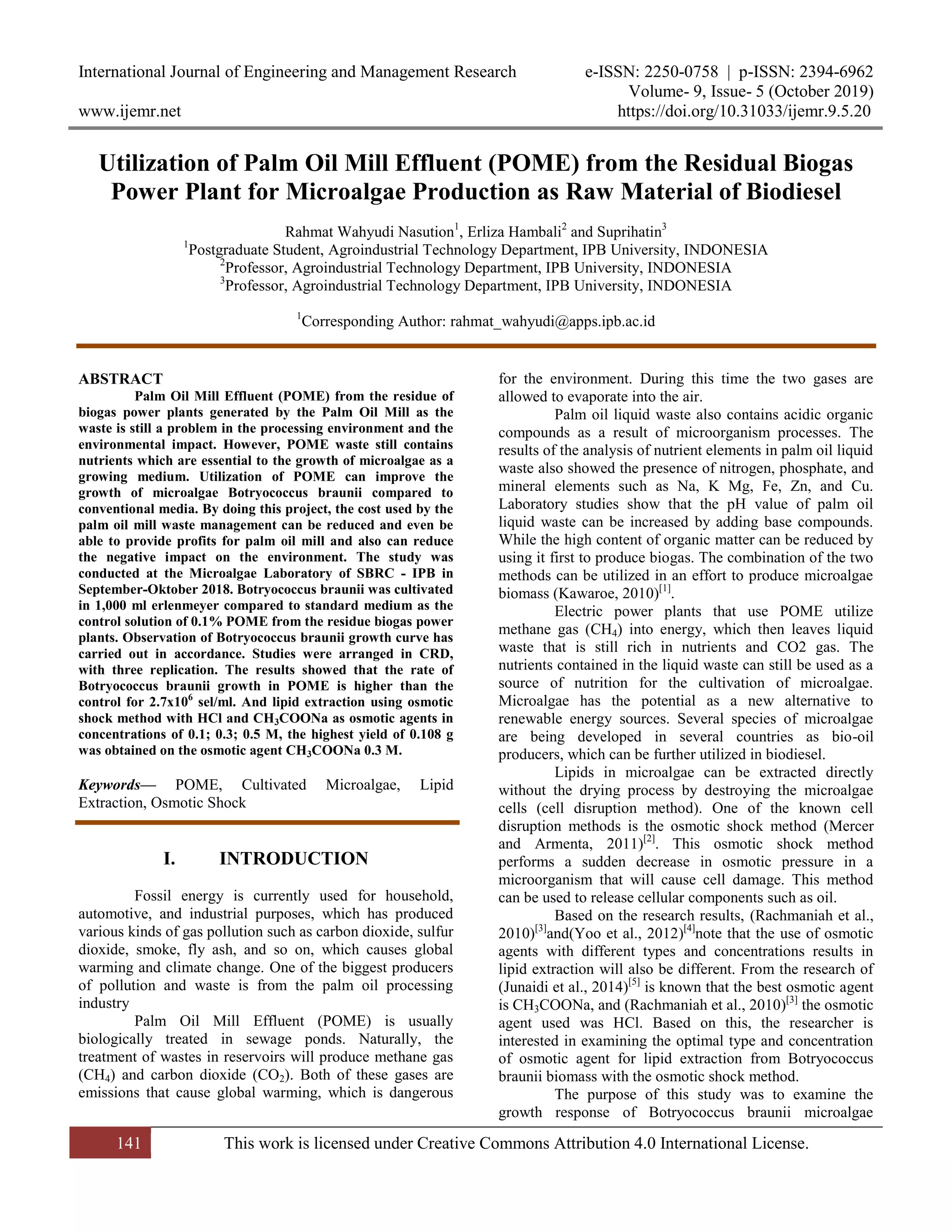 Utilization of Palm Oil Mill Effluent (POME) from the Residual Biogas ...