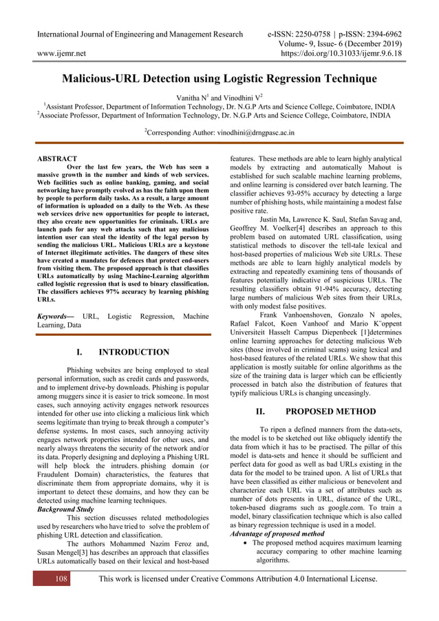 Malicious-URL Detection using Logistic Regression Technique | PDF