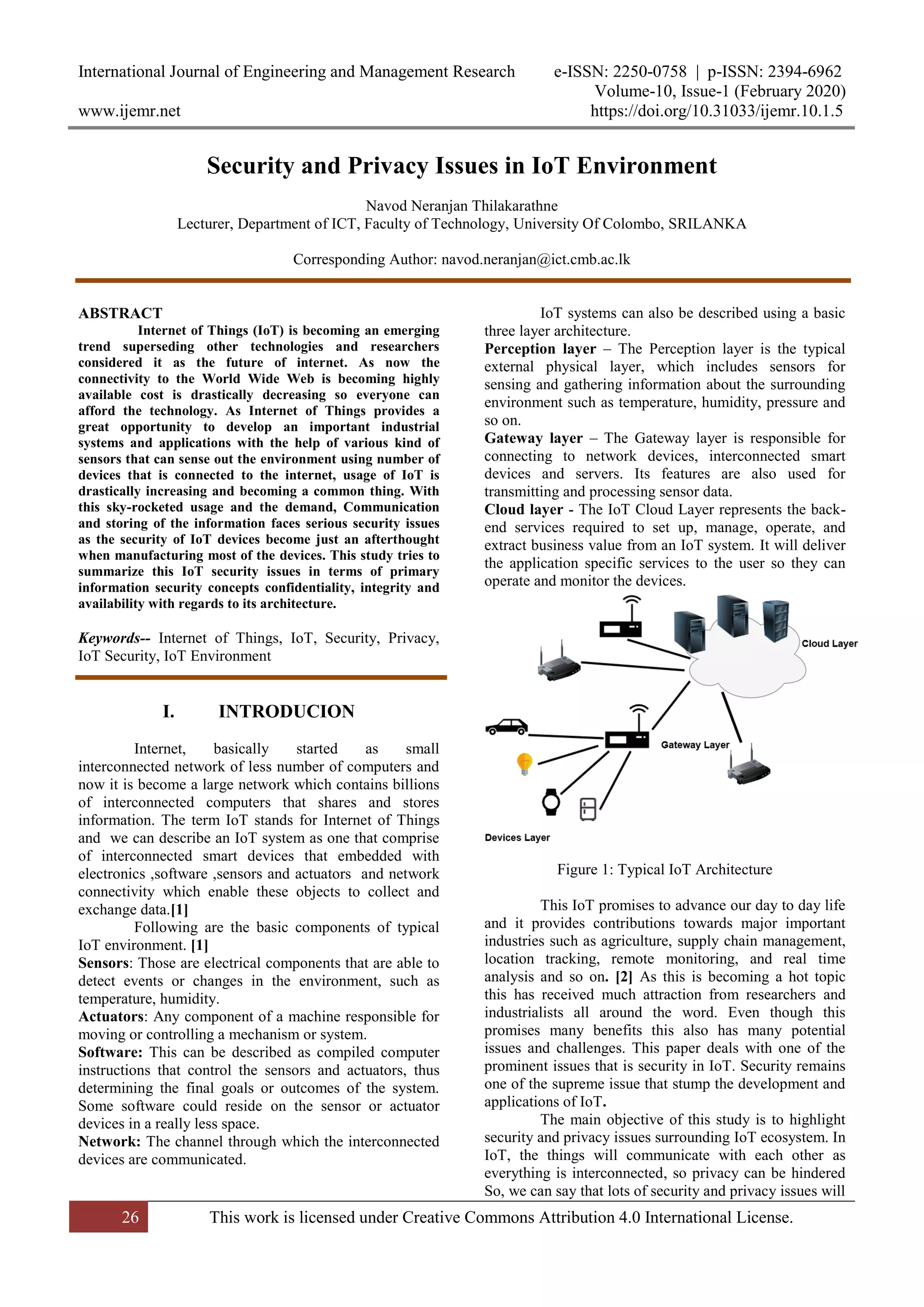 Security And Privacy Issues In Iot Environment Pdf