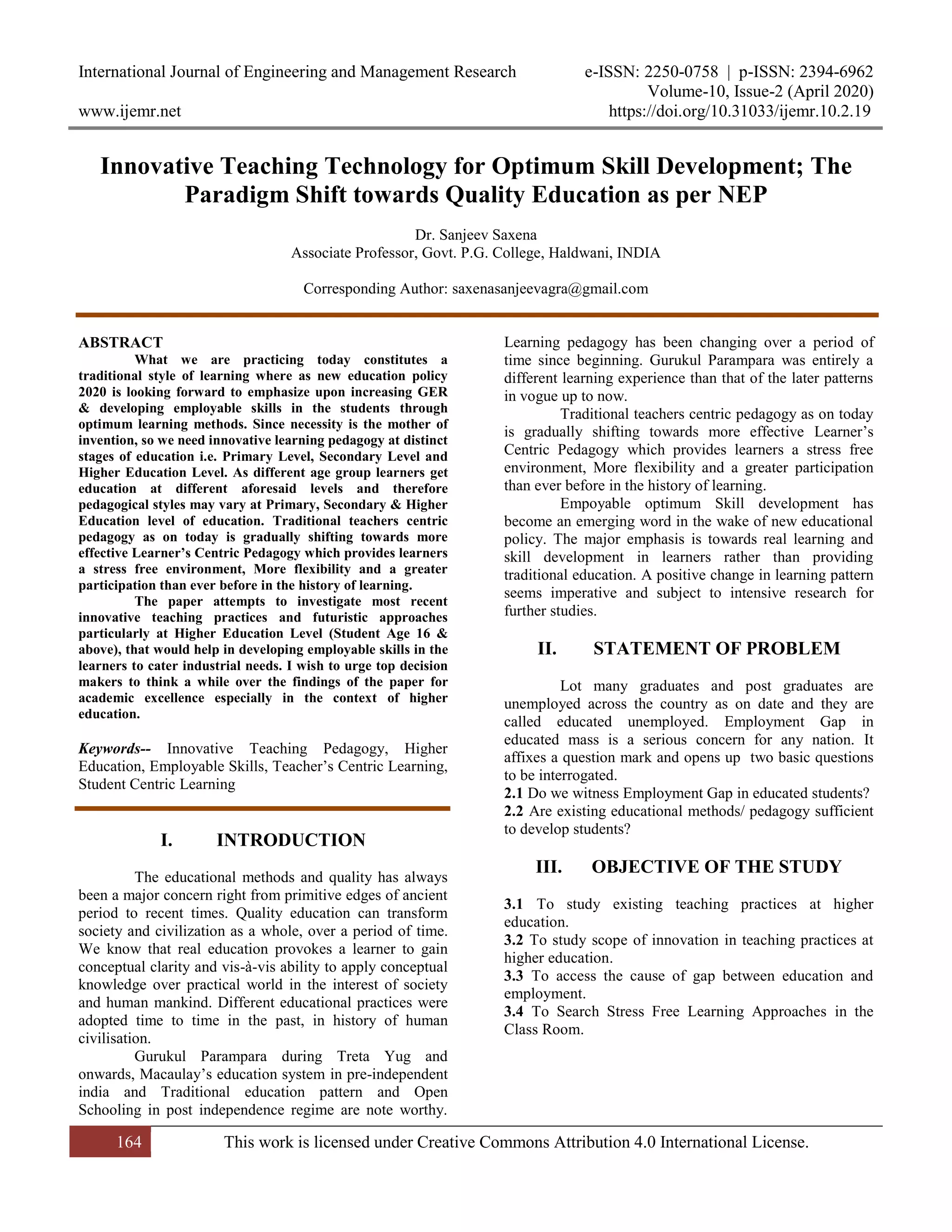 Innovative Teaching Technology for Optimum Skill Development; The ...