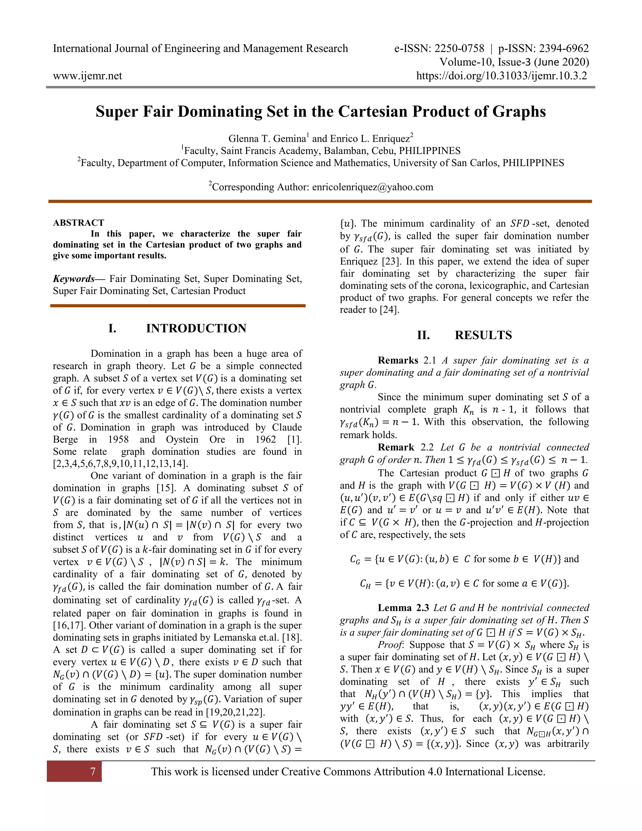 Super Fair Dominating Set in the Cartesian Product of Graphs | PDF