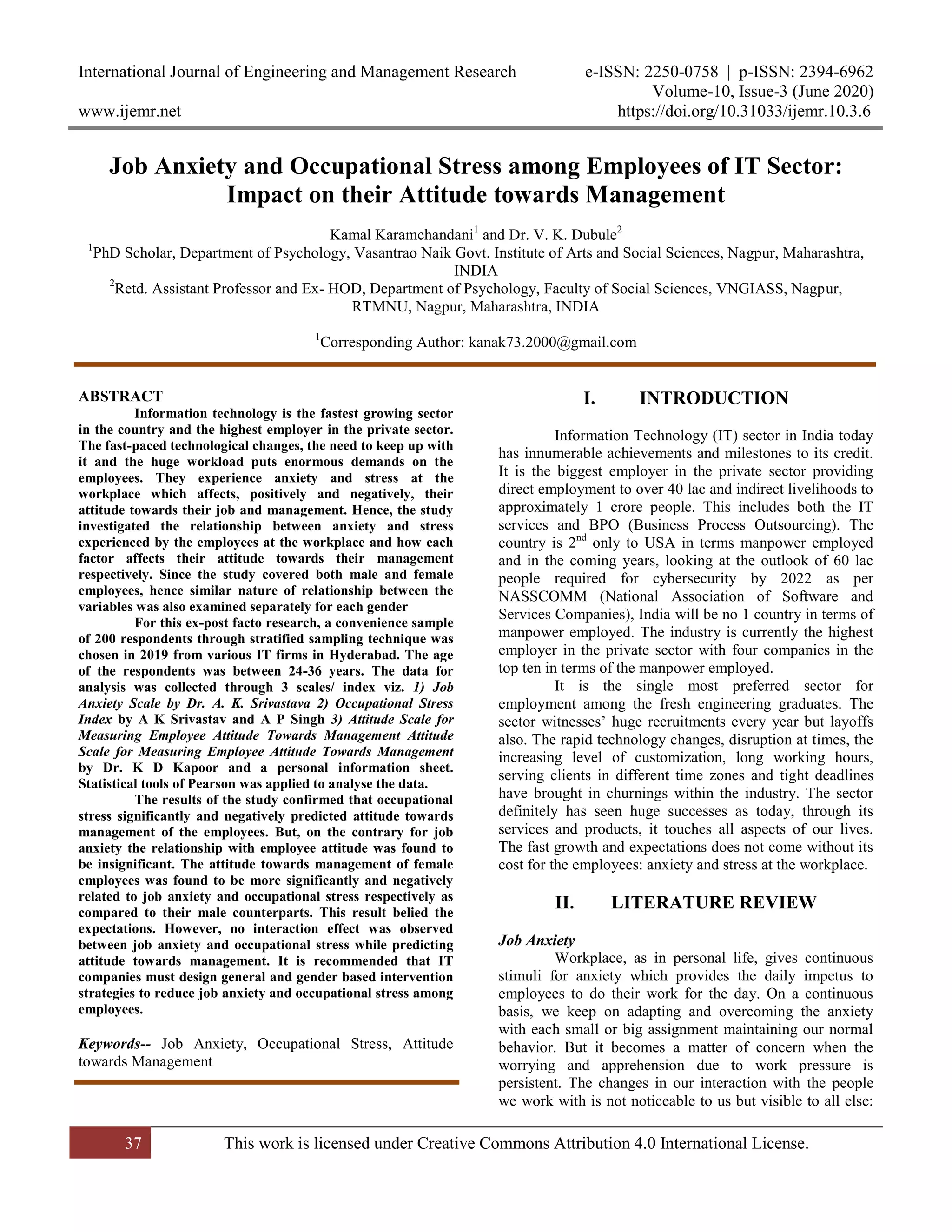 Job Anxiety and Occupational Stress among Employees of IT Sector ...