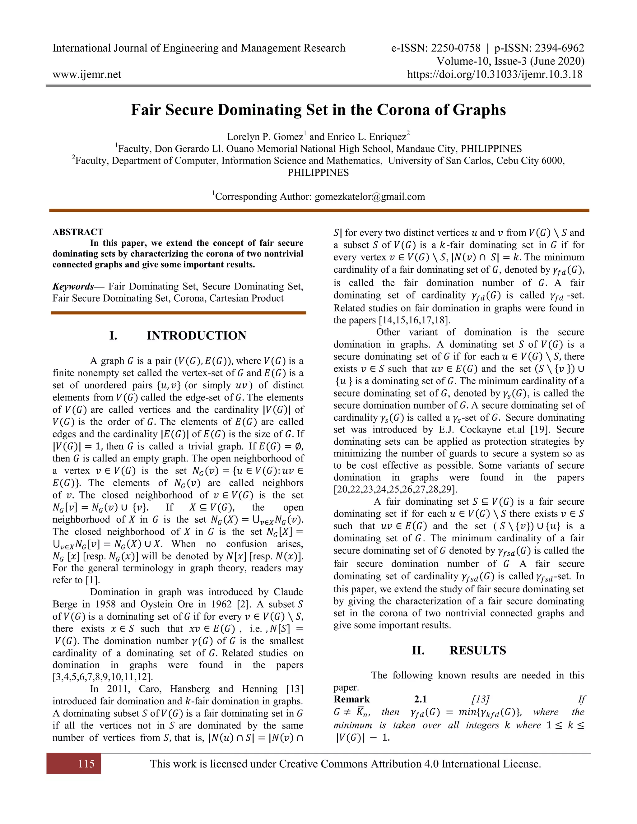Fair Secure Dominating Set in the Corona of Graphs | PDF