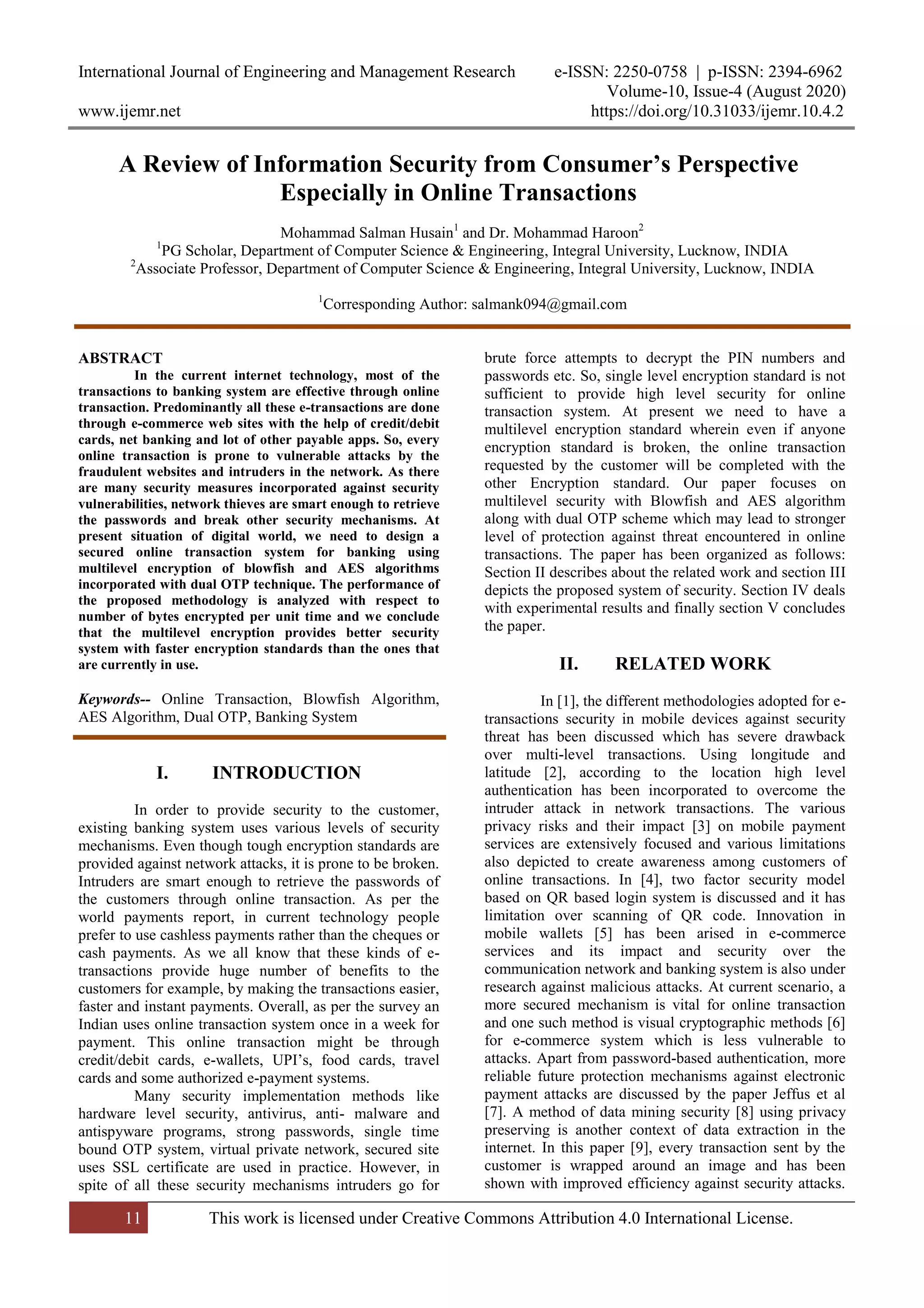 A Review of Information Security from Consumer’s Perspective Especially in Online Transactions ...