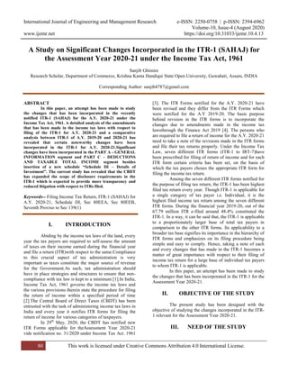 A Study on Significant Changes Incorporated in the ITR-1 (SAHAJ) for ...