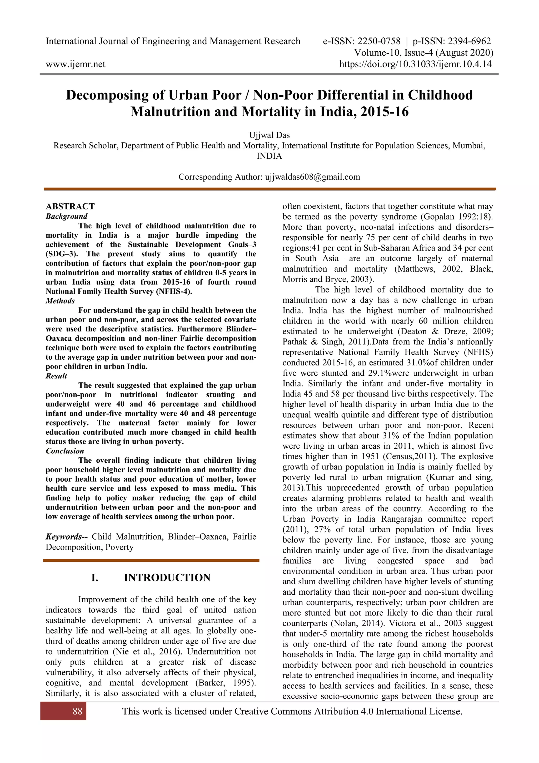 Decomposing of Urban Poor / Non-Poor Differential in Childhood ...