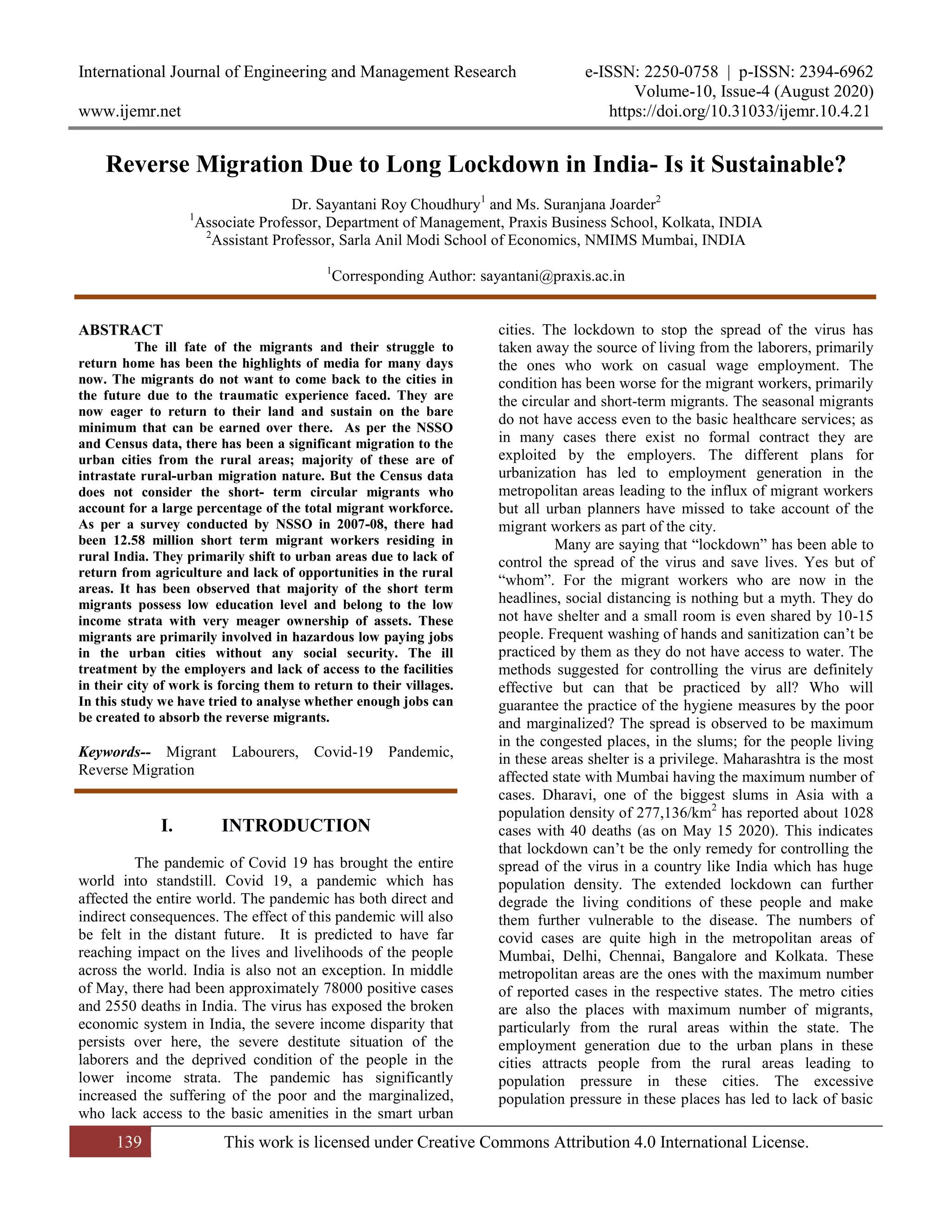 Reverse Migration Due to Long Lockdown in India- Is it Sustainable? | PDF