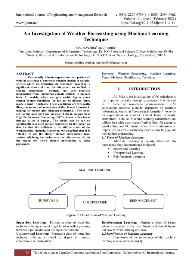 An Investigation Of Weather Forecasting Using Machine Learning