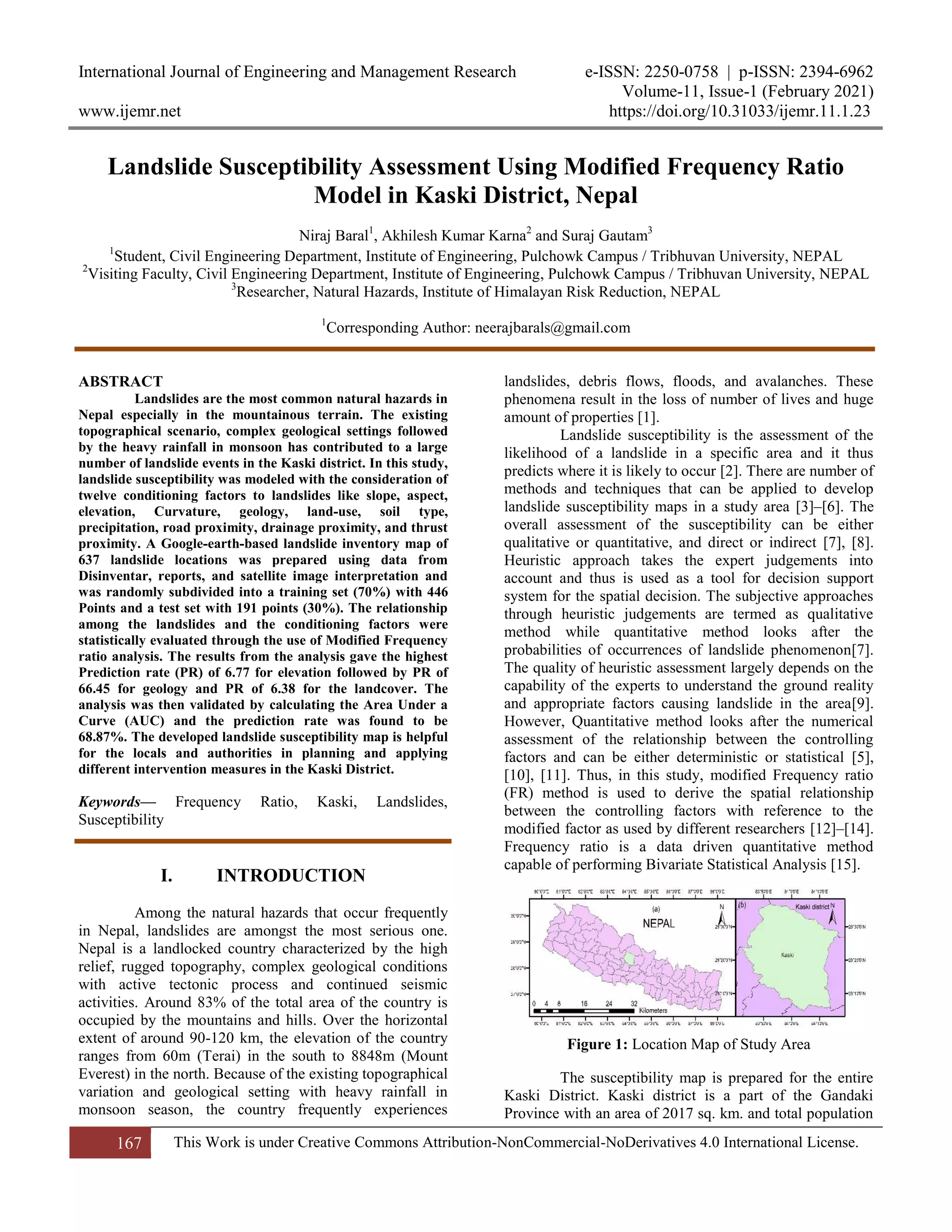 Landslide Susceptibility Assessment Using Modified Frequency Ratio Model in Kaski District ...