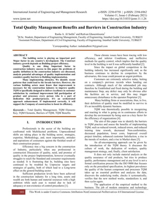 Total Quality Management Benefits and Barriers in Construction Industry ...