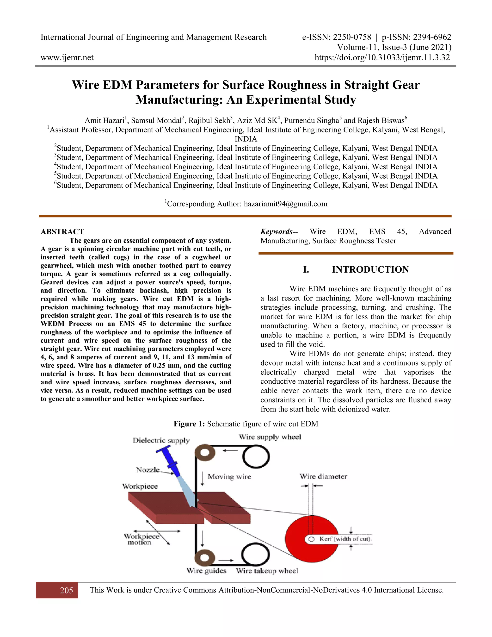 Wire EDM Parameters for Surface Roughness in Straight Gear Manufacturing: An Experimental Study ...
