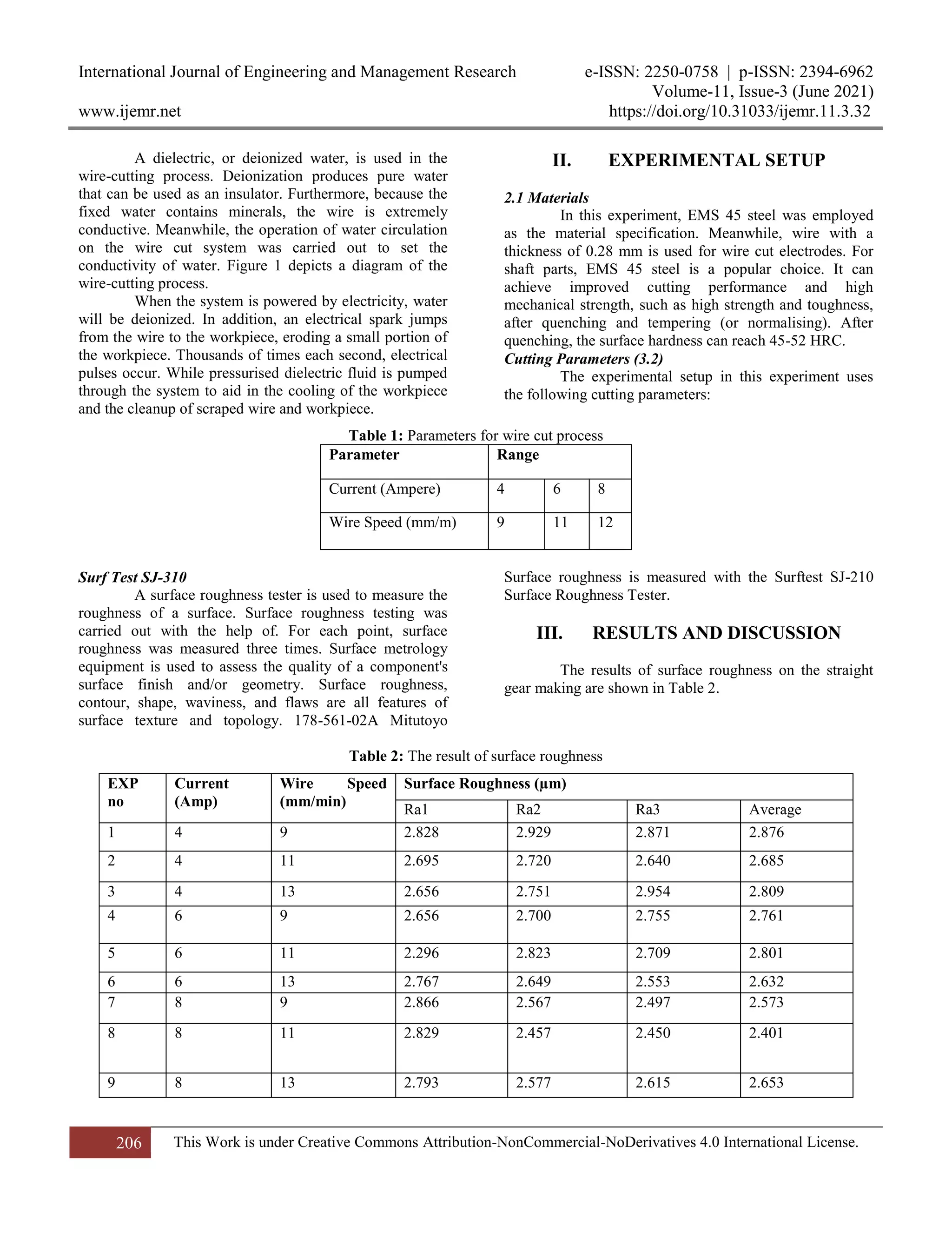 Wire EDM Parameters for Surface Roughness in Straight Gear Manufacturing: An Experimental Study ...