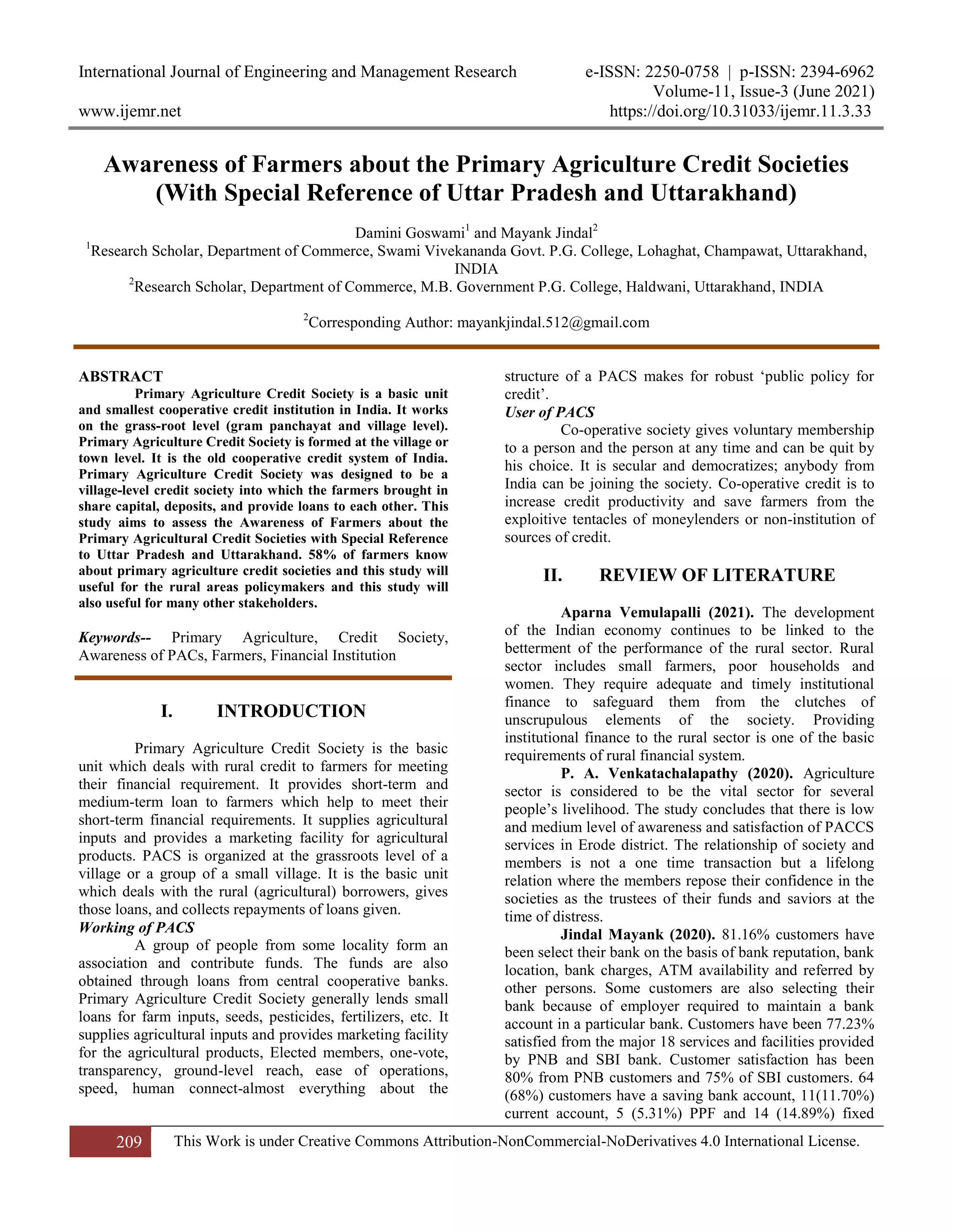 Awareness of Farmers about the Primary Agriculture Credit Societies ...