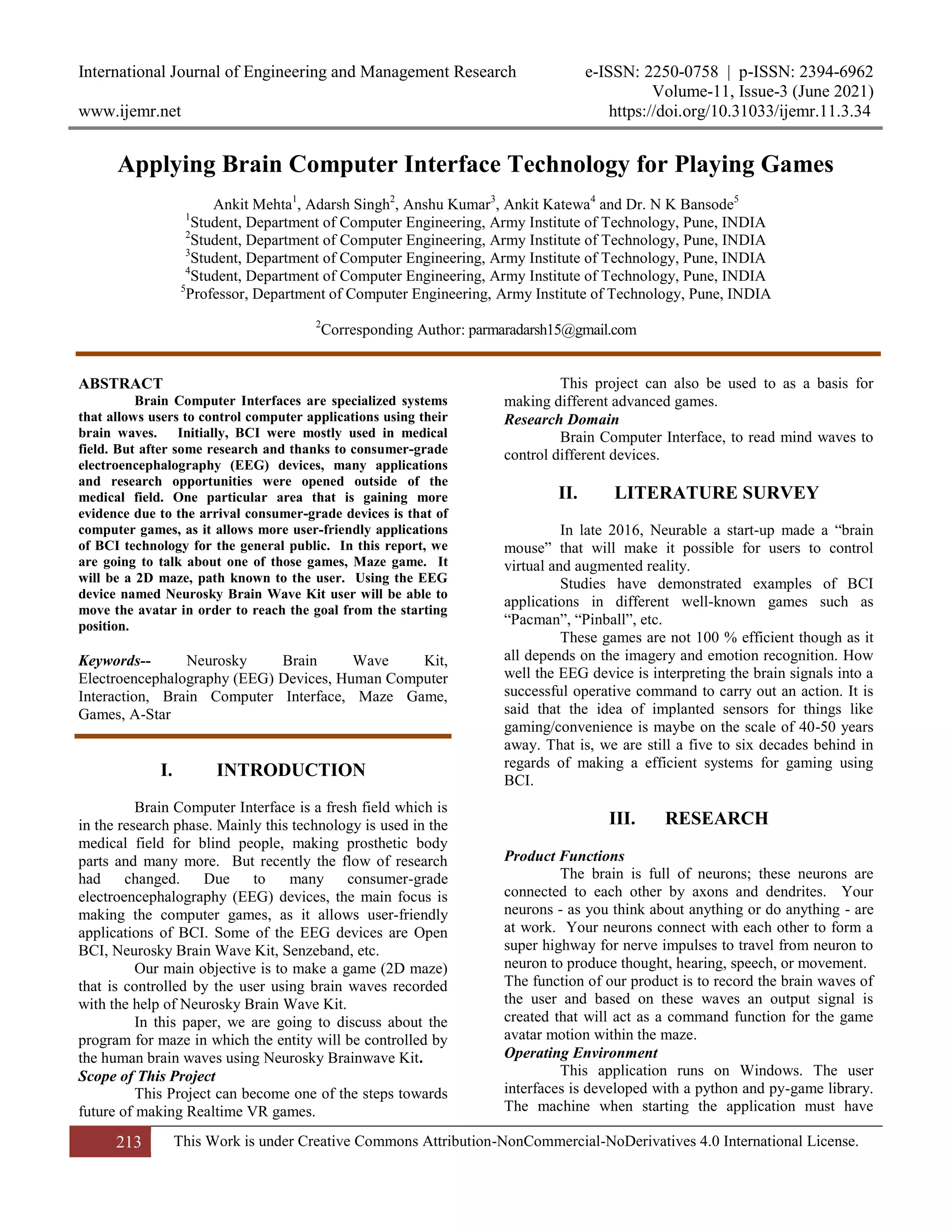 Applying Brain Computer Interface Technology for Playing Games | PDF