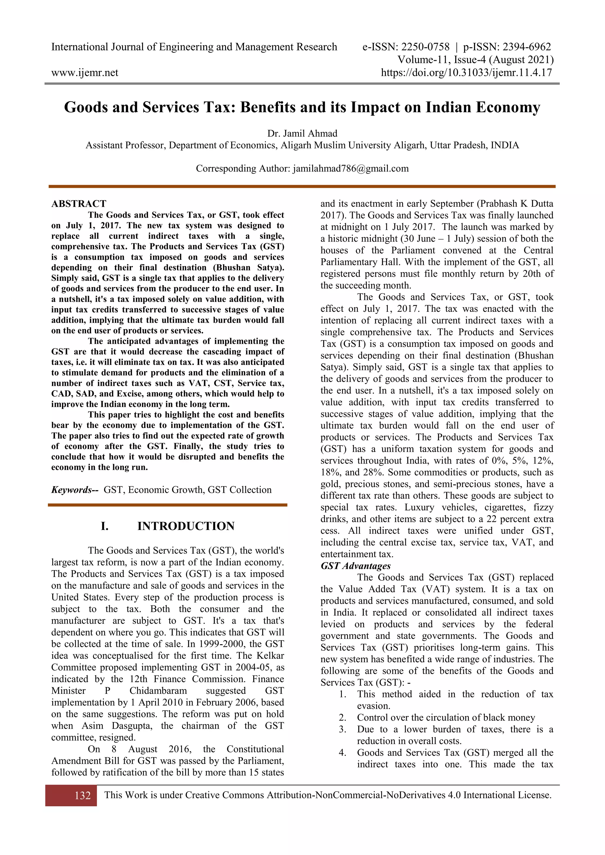 Goods and Services Tax: Benefits and its Impact on Indian Economy | PDF