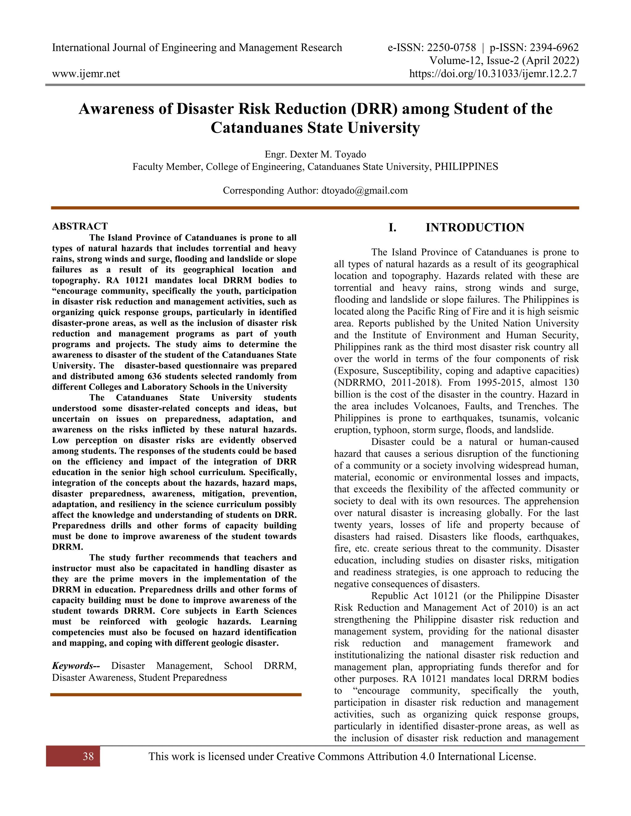 Awareness of Disaster Risk Reduction (DRR) among Student of the ...