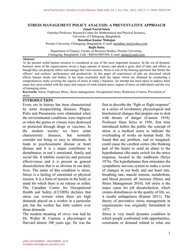 STRESS MANAGEMENT POLICY ANALYSIS: A PREVENTATIVE APPROACH | PDF