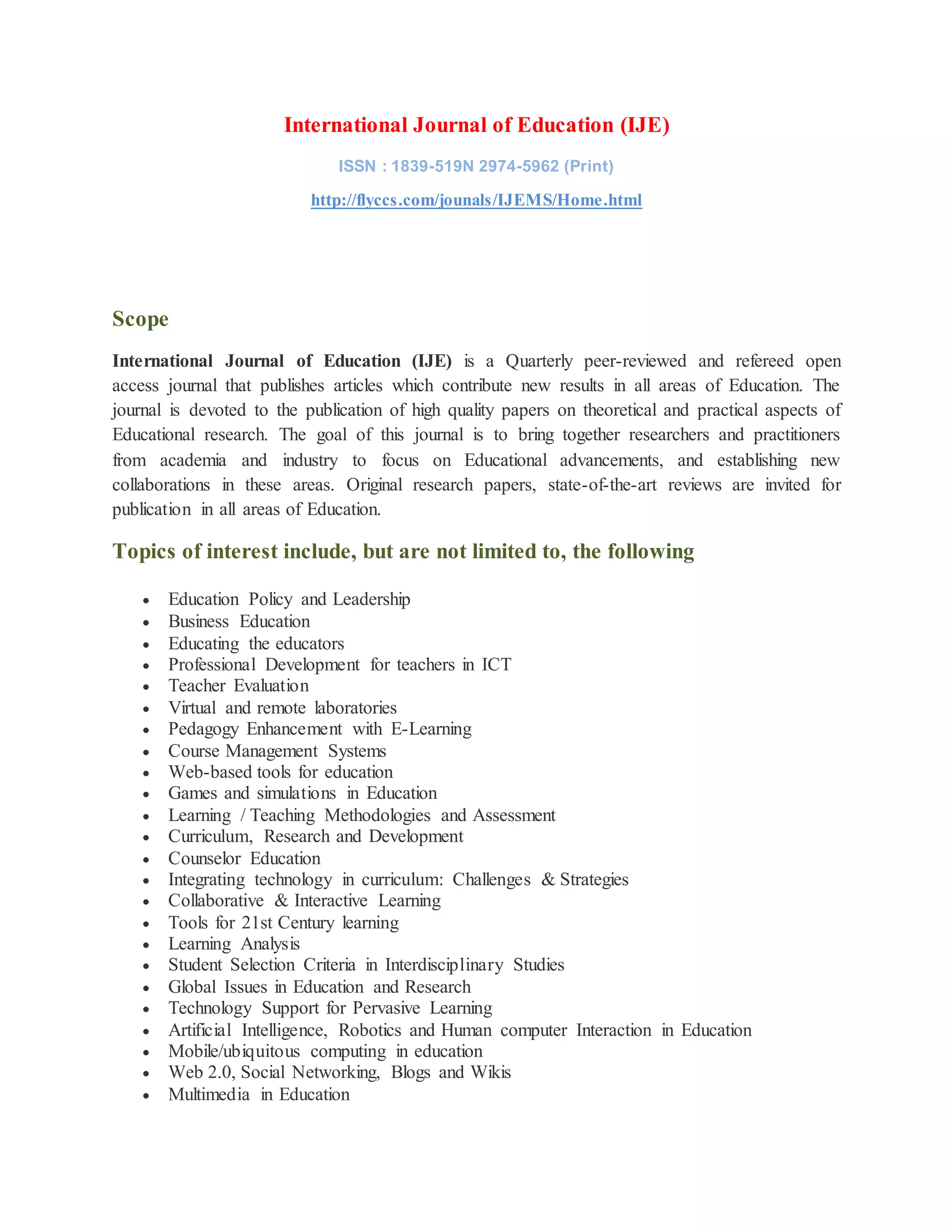 International Journal of Education (IJE) | PDF