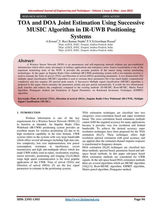 TOA and DOA Estimation Using Successive MUSIC Algorithm in IR-UWB Positioning Systems | PDF