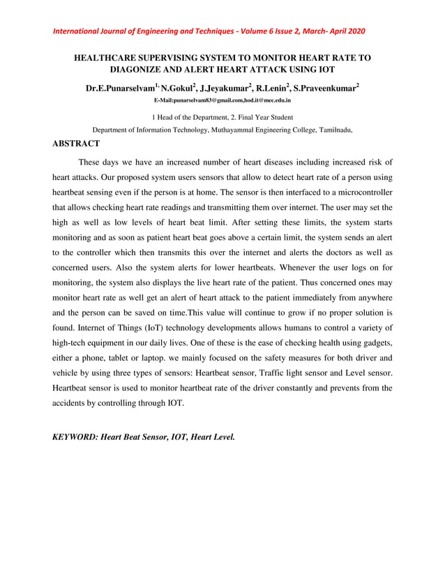 healthcare supervising system to monitor heart rate to diagonize and alert heart attack using ...