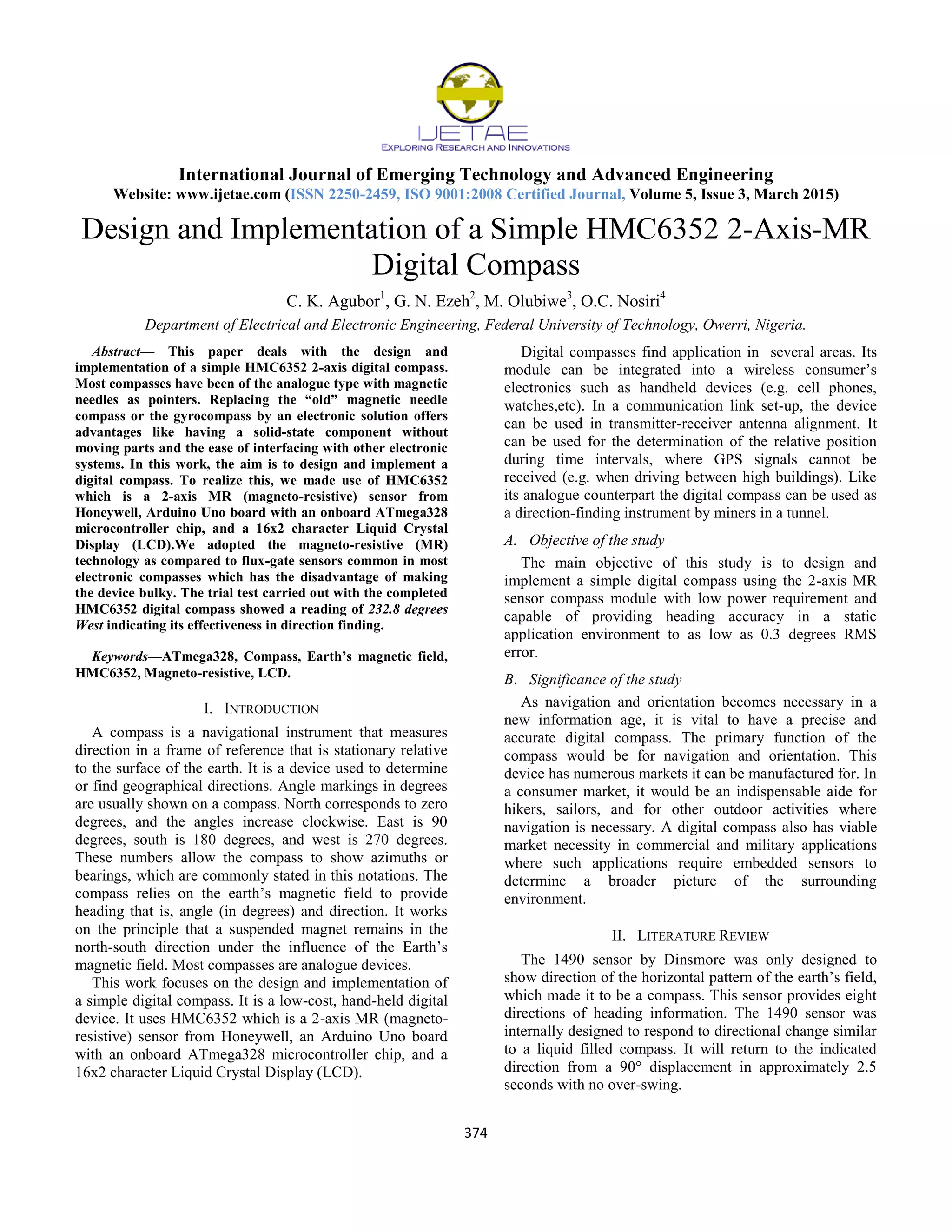 Design and Implementation of a Simple HMC6352 2-Axis-MR Digital Compass ...