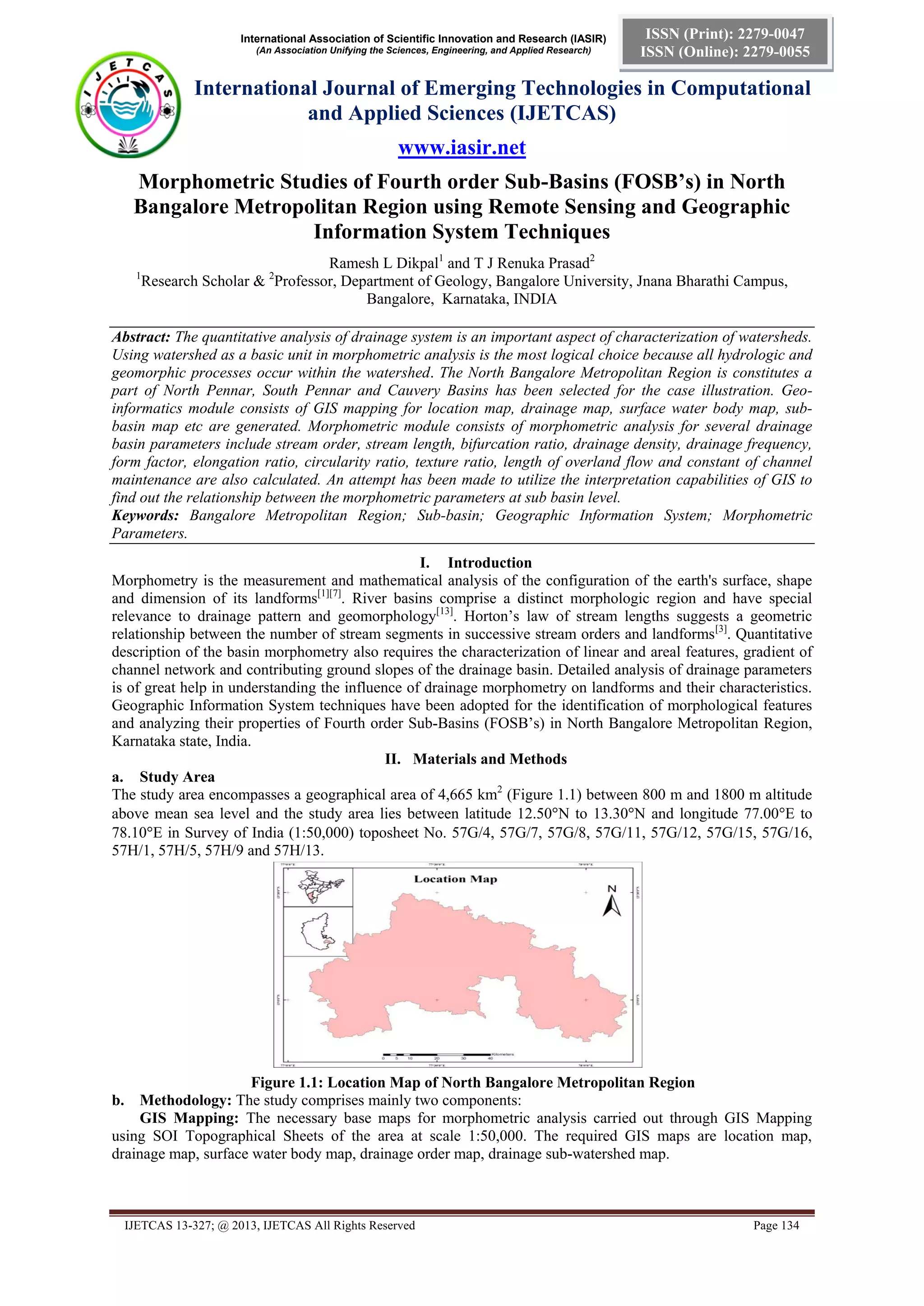 Morphometric Studies of Fourth order Sub-Basins (FOSB’s) in North Bangalore Metropolitan Region ...