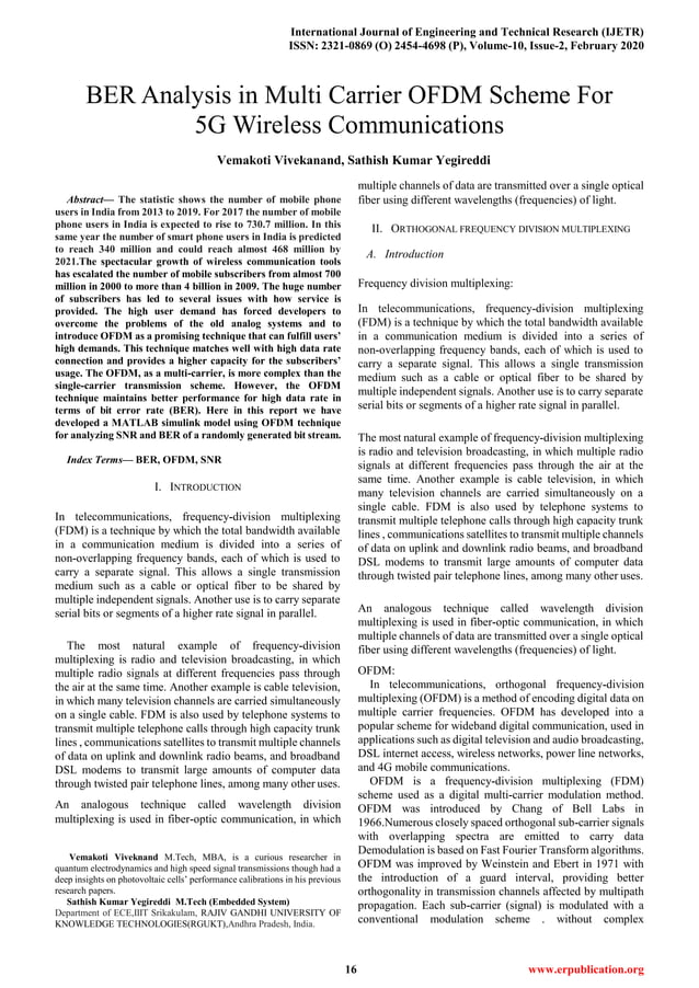 BER analysis of Multi carrier OFDM scheme for 5G communications | PDF