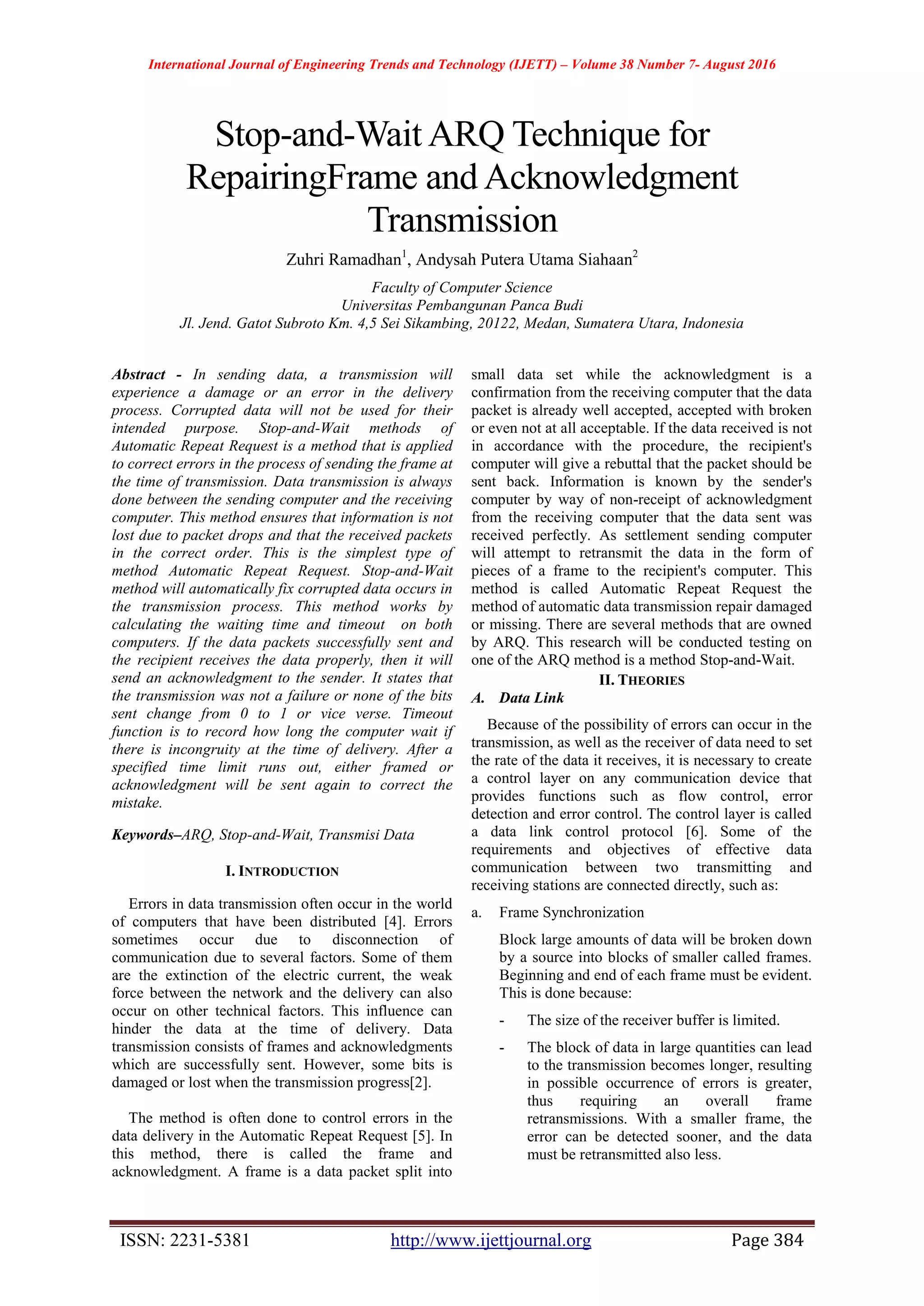 Stop-and-Wait ARQ Technique for Repairing Frame and Acknowledgment ...