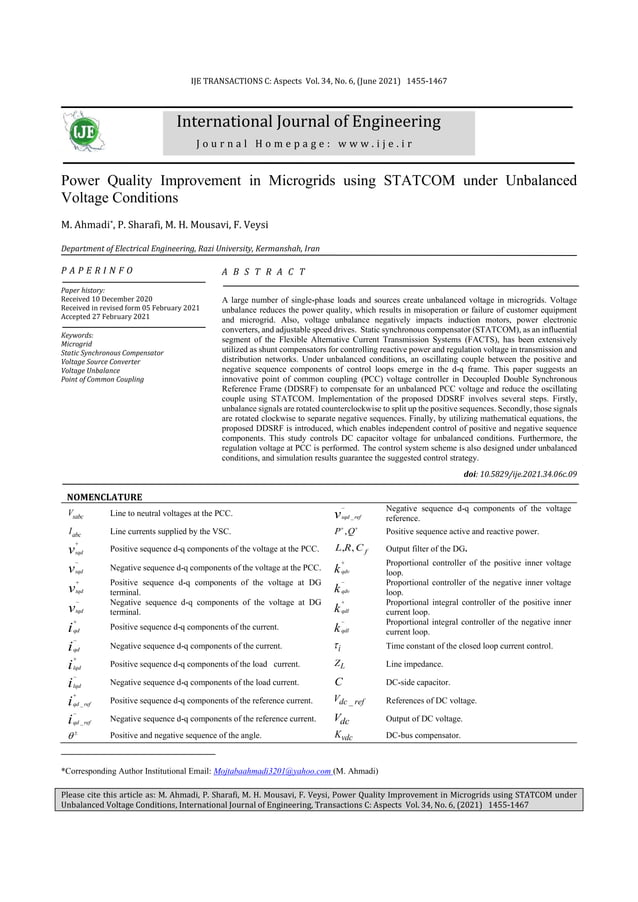 Power Quality Improvement in Microgrids using STATCOM under Unbalanced Voltage Conditions | PDF