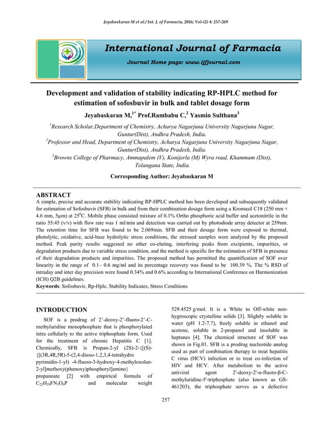 Development and validation of stability indicating RP-HPLC method for estimation of sofosbuvir ...