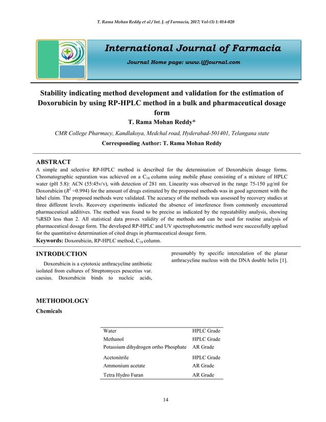 Stability indicating method development and validation for the estimation of Doxorubicin by ...