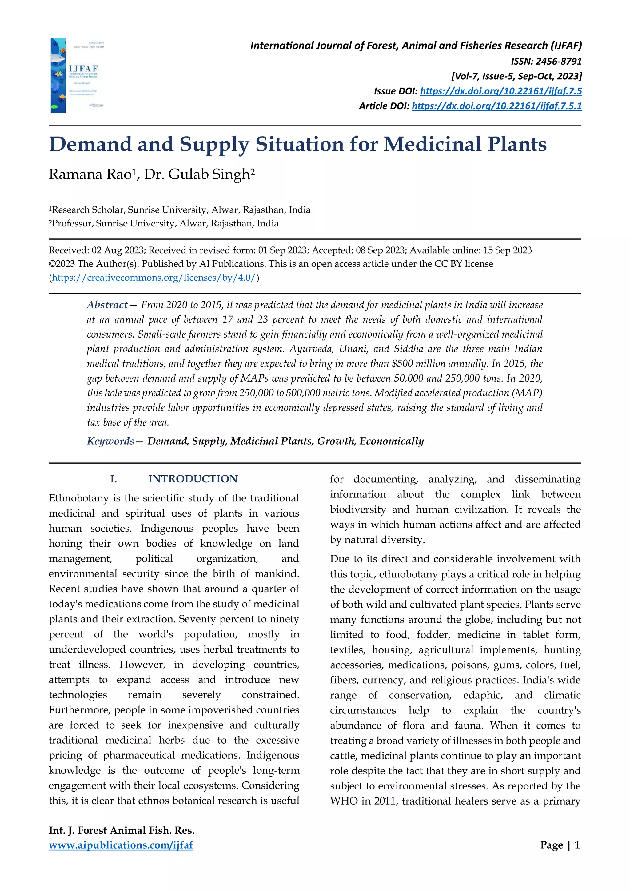 Demand and Supply Situation for Medicinal Plants | PDF