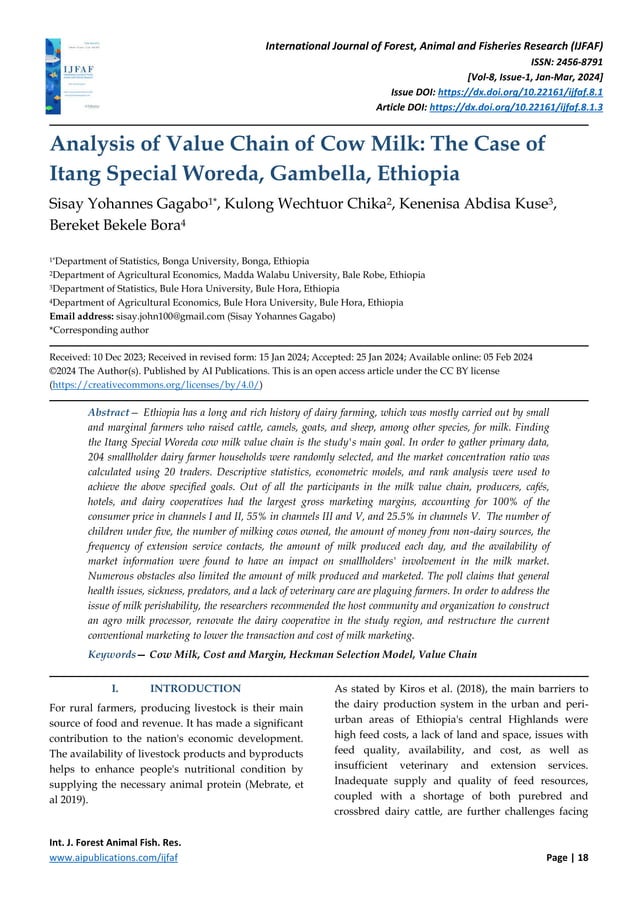 Analysis of Value Chain of Cow Milk: The Case of Itang Special Woreda ...