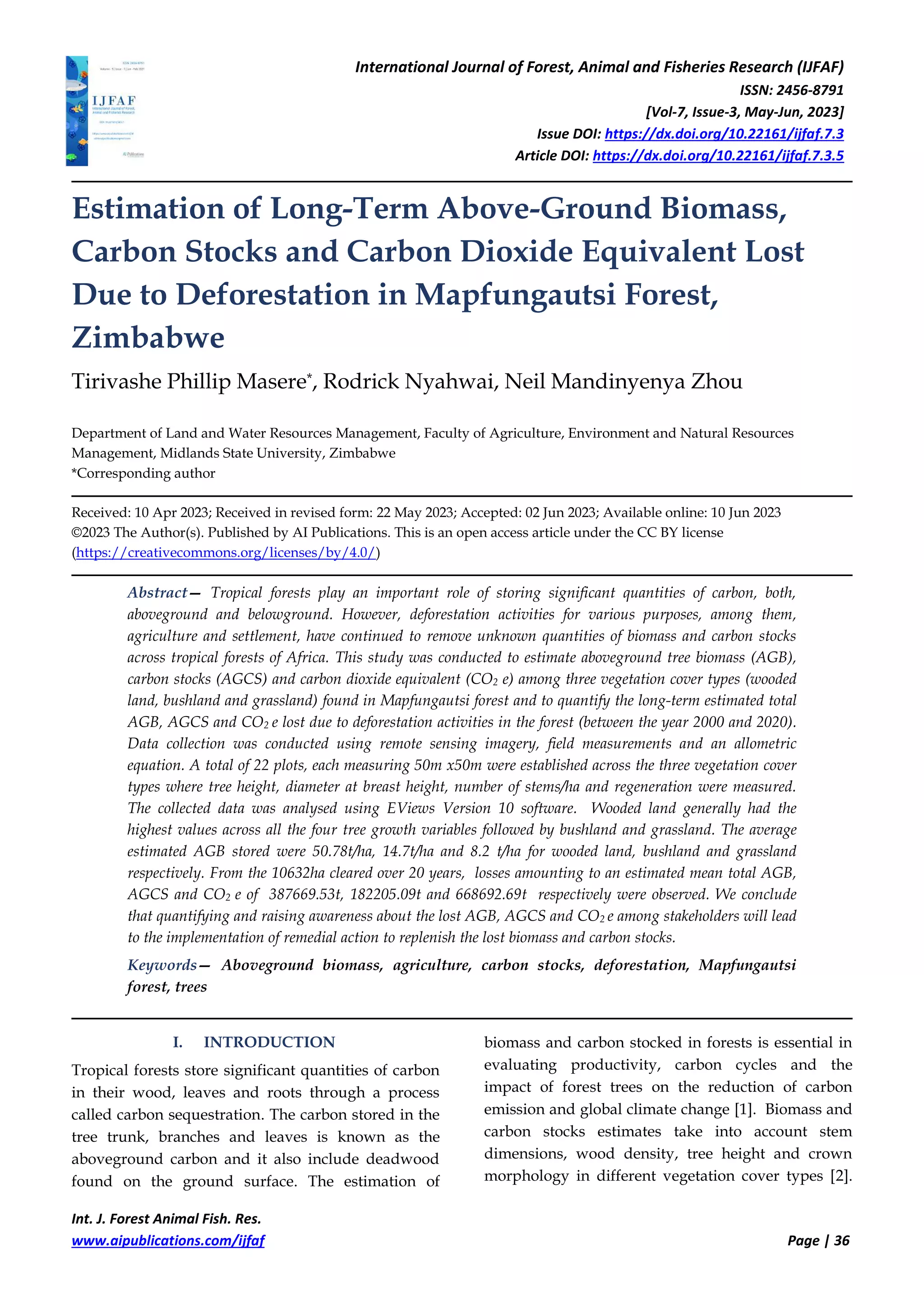Estimation of Long-Term Above-Ground Biomass, Carbon Stocks and Carbon Dioxide Equivalent Lost ...