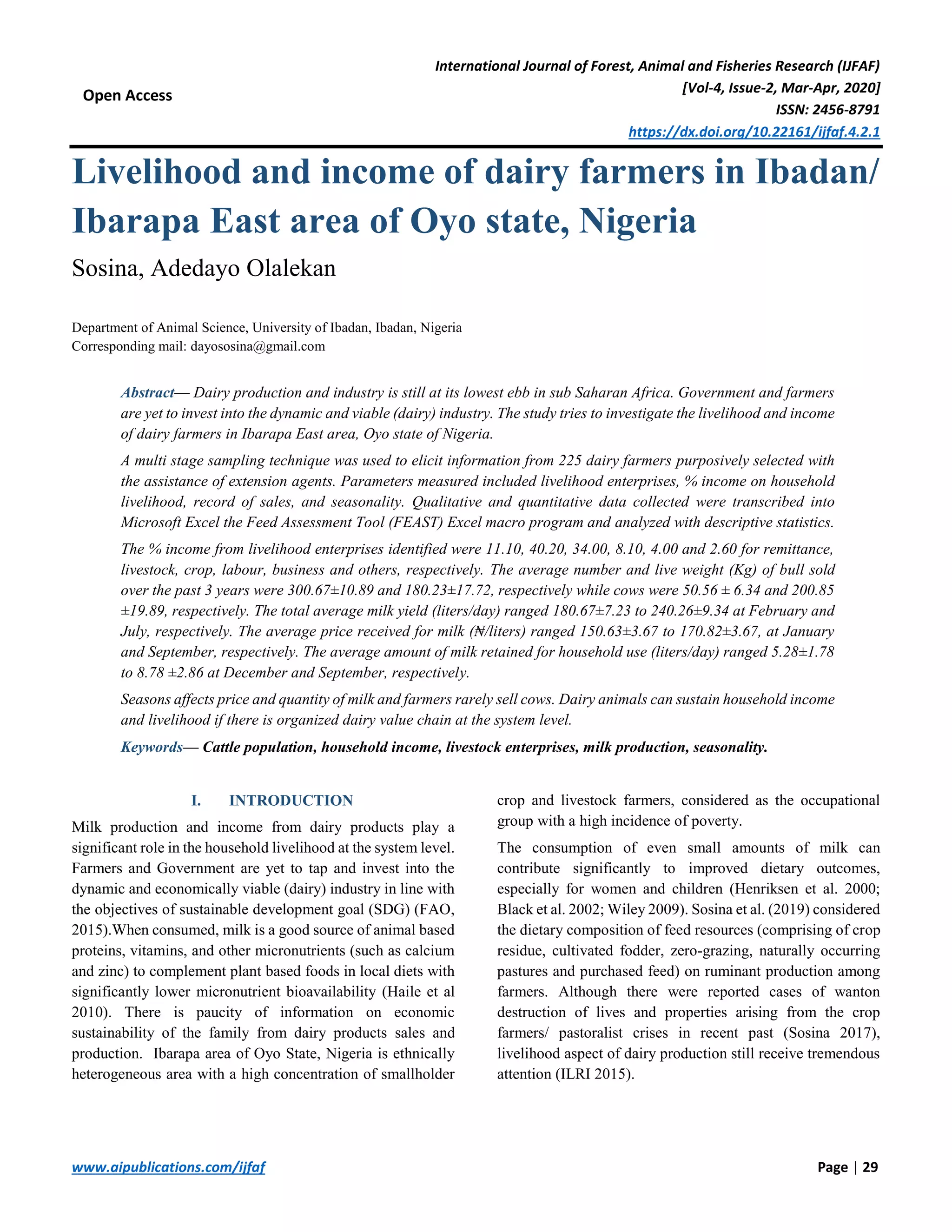 Livelihood and income of dairy farmers in Ibadan/ Ibarapa East area of ...