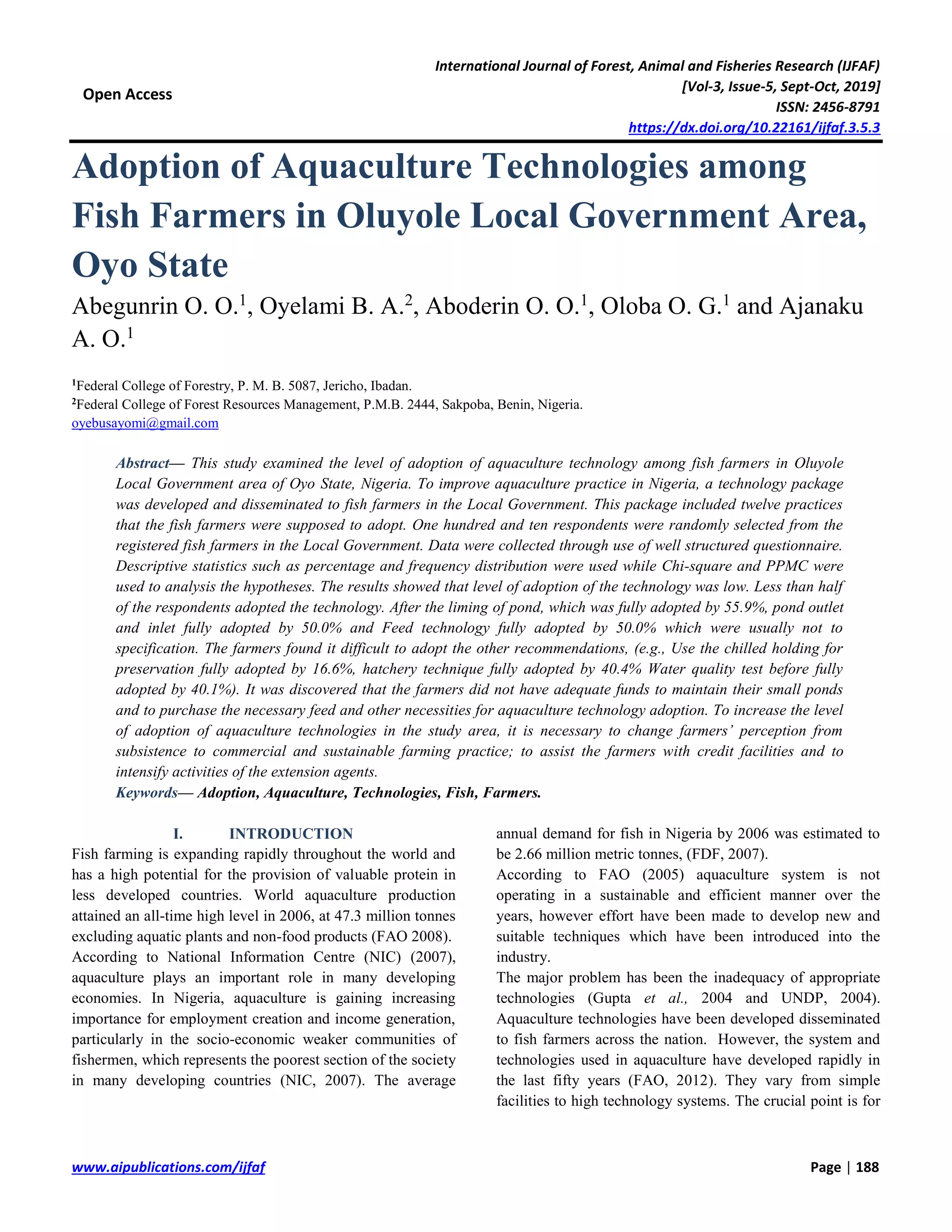 Adoption of Aquaculture Technologies among Fish Farmers in Oluyole ...