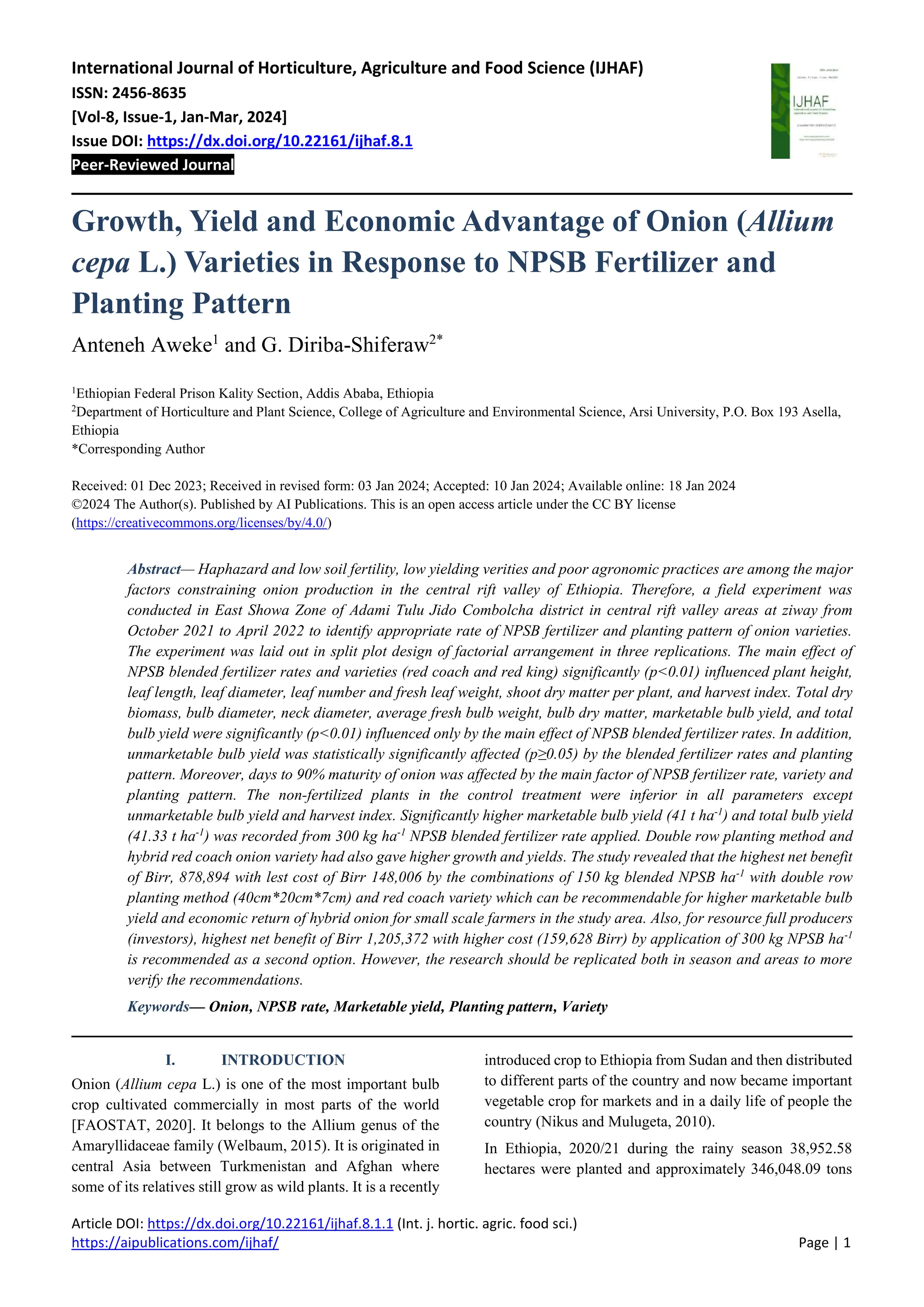 Growth, Yield and Economic Advantage of Onion (Allium cepa L ...