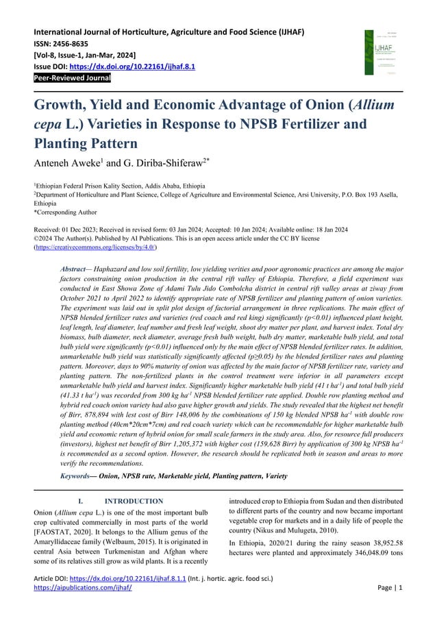 Growth, Yield and Economic Advantage of Onion (Allium cepa L.) Varieties in Response to NPSB ...