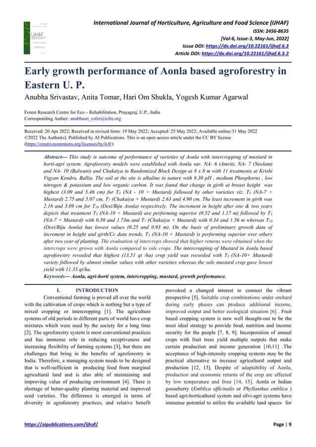 Early growth performance of Aonla based agroforestry in Eastern U. P. | PDF