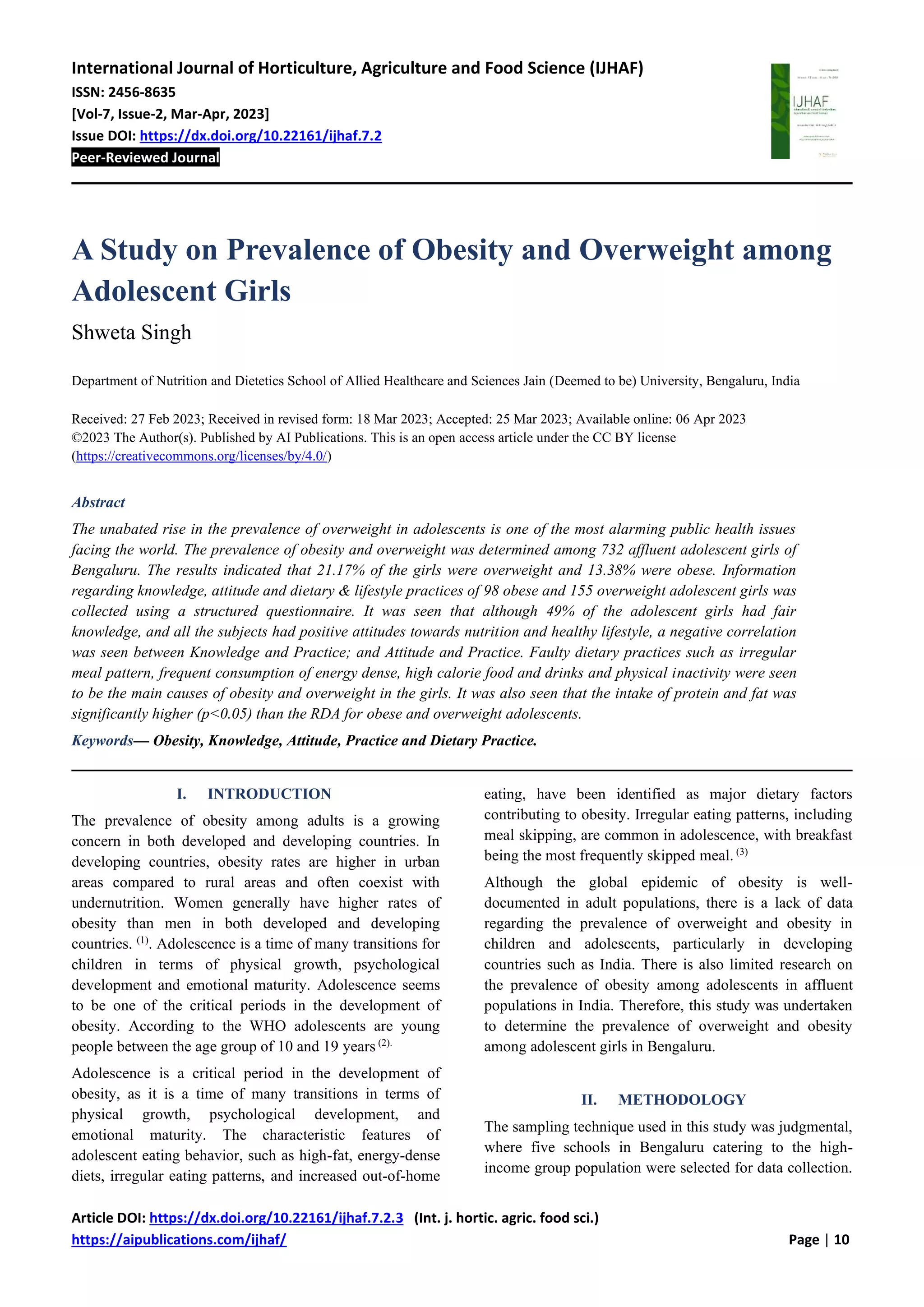 A Study on Prevalence of Obesity and Overweight among Adolescent Girls ...
