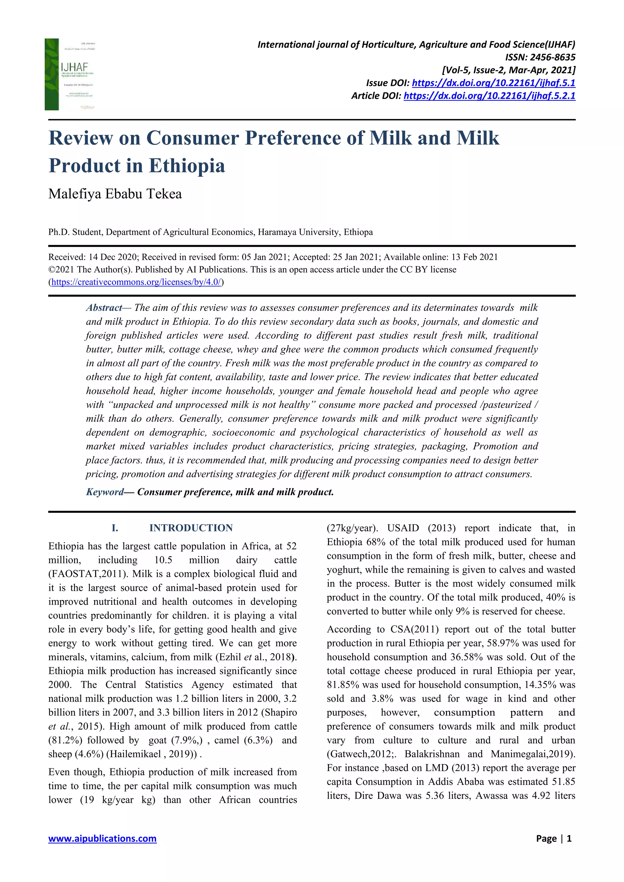 Review on Consumer Preference of Milk and Milk Product in Ethiopia | PDF