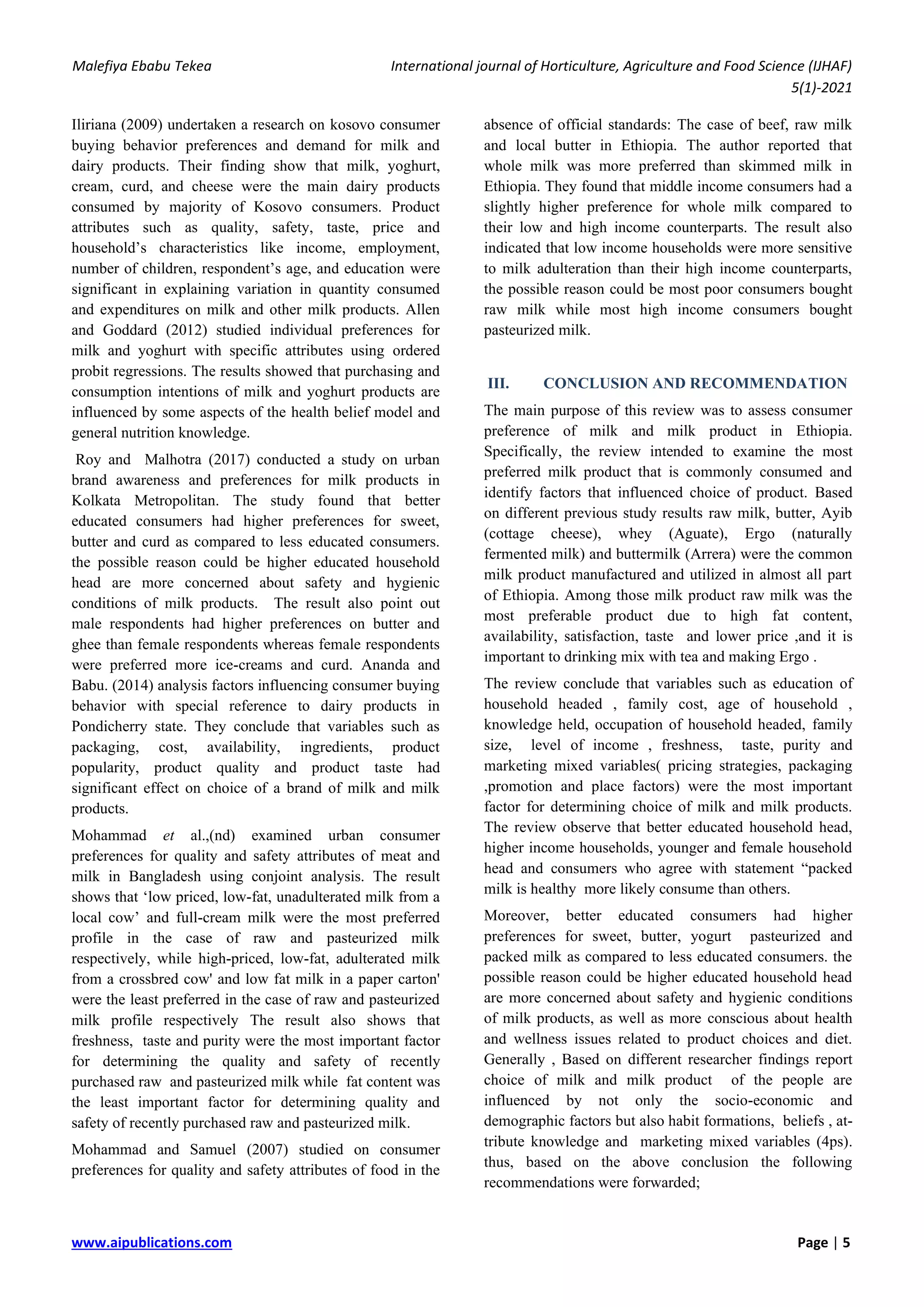 Review on Consumer Preference of Milk and Milk Product in Ethiopia | PDF