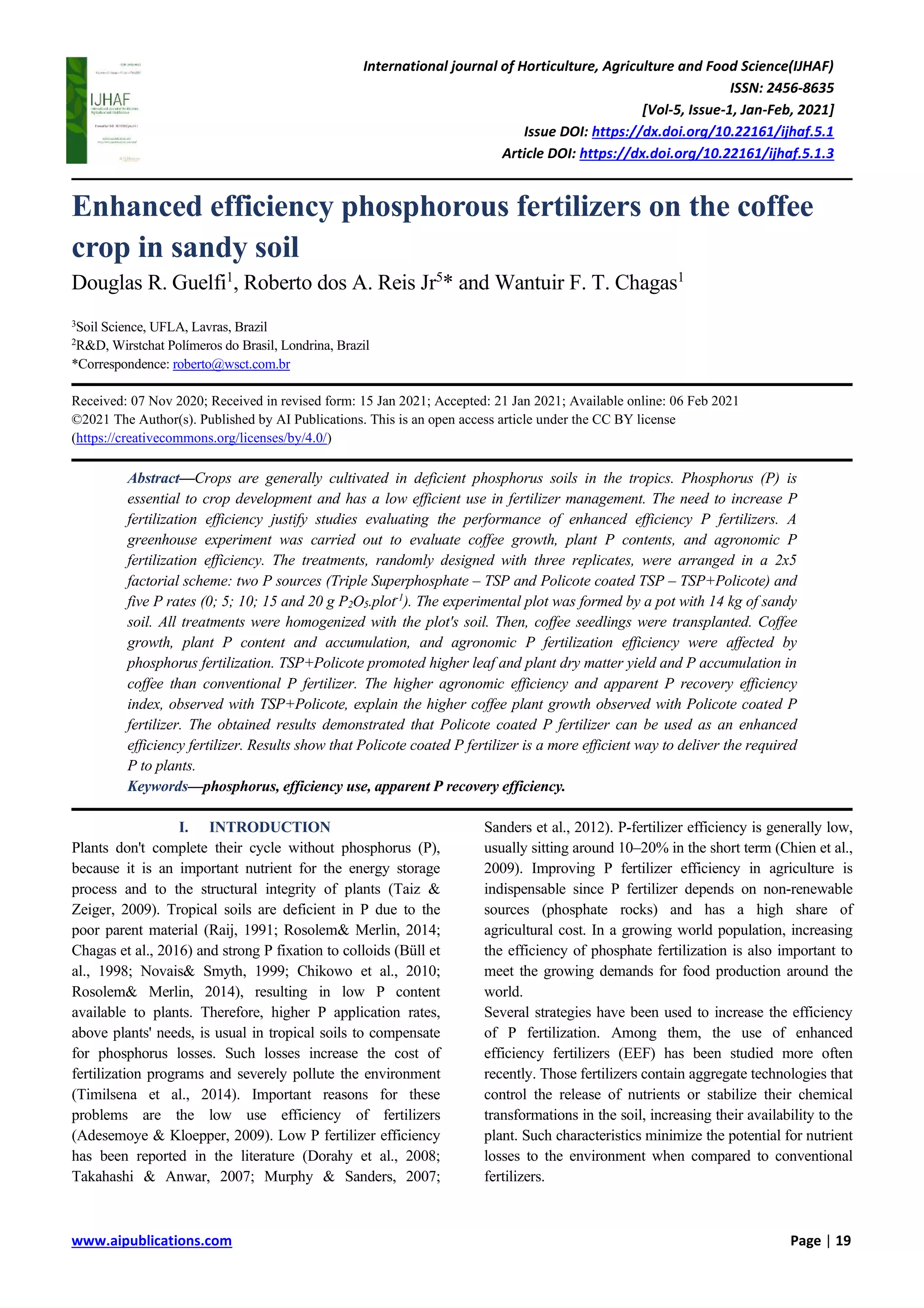 Enhanced efficiency phosphorous fertilizers on the coffee crop in sandy ...