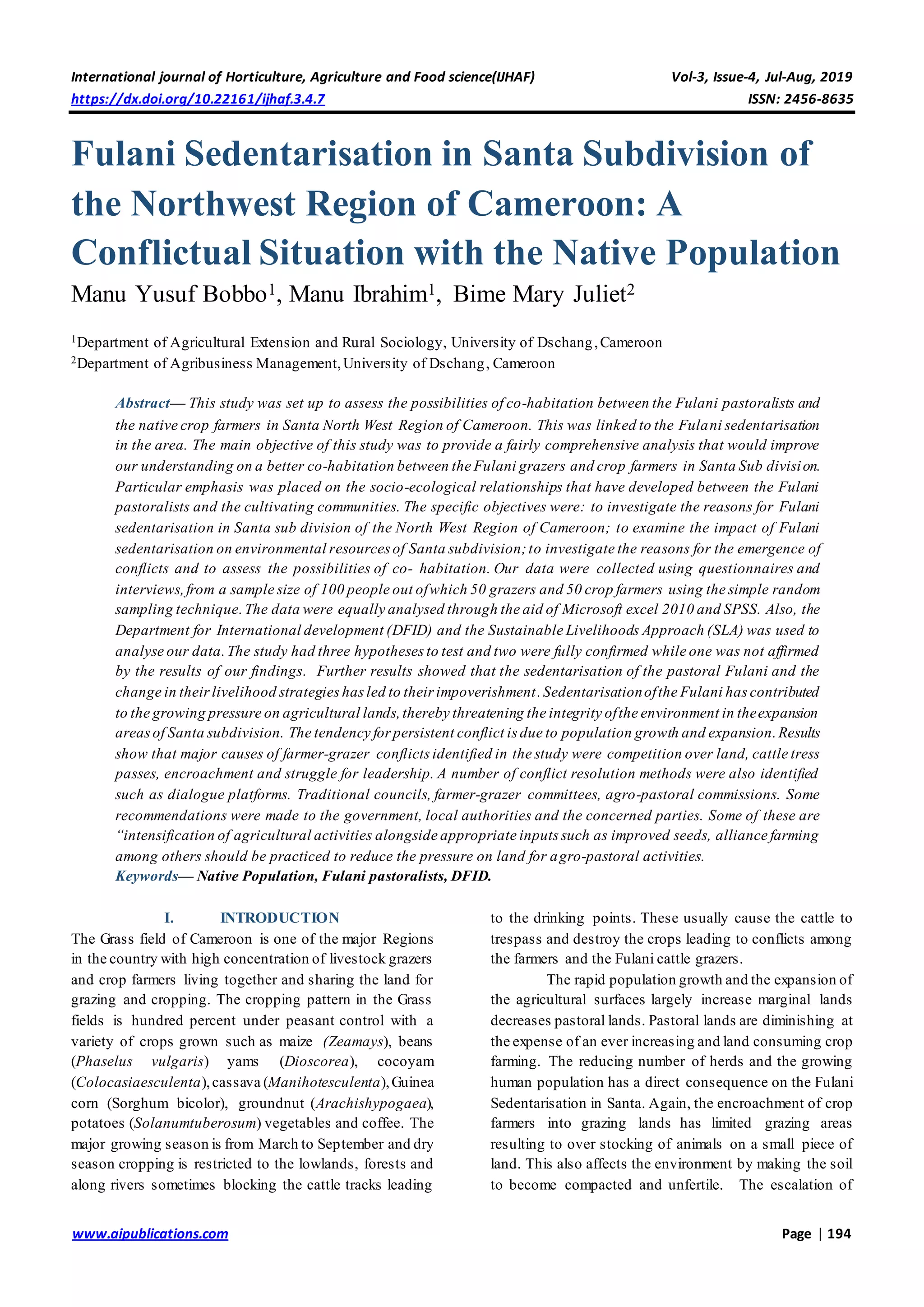 Fulani Sedentarisation in Santa Subdivision of the Northwest Region of ...