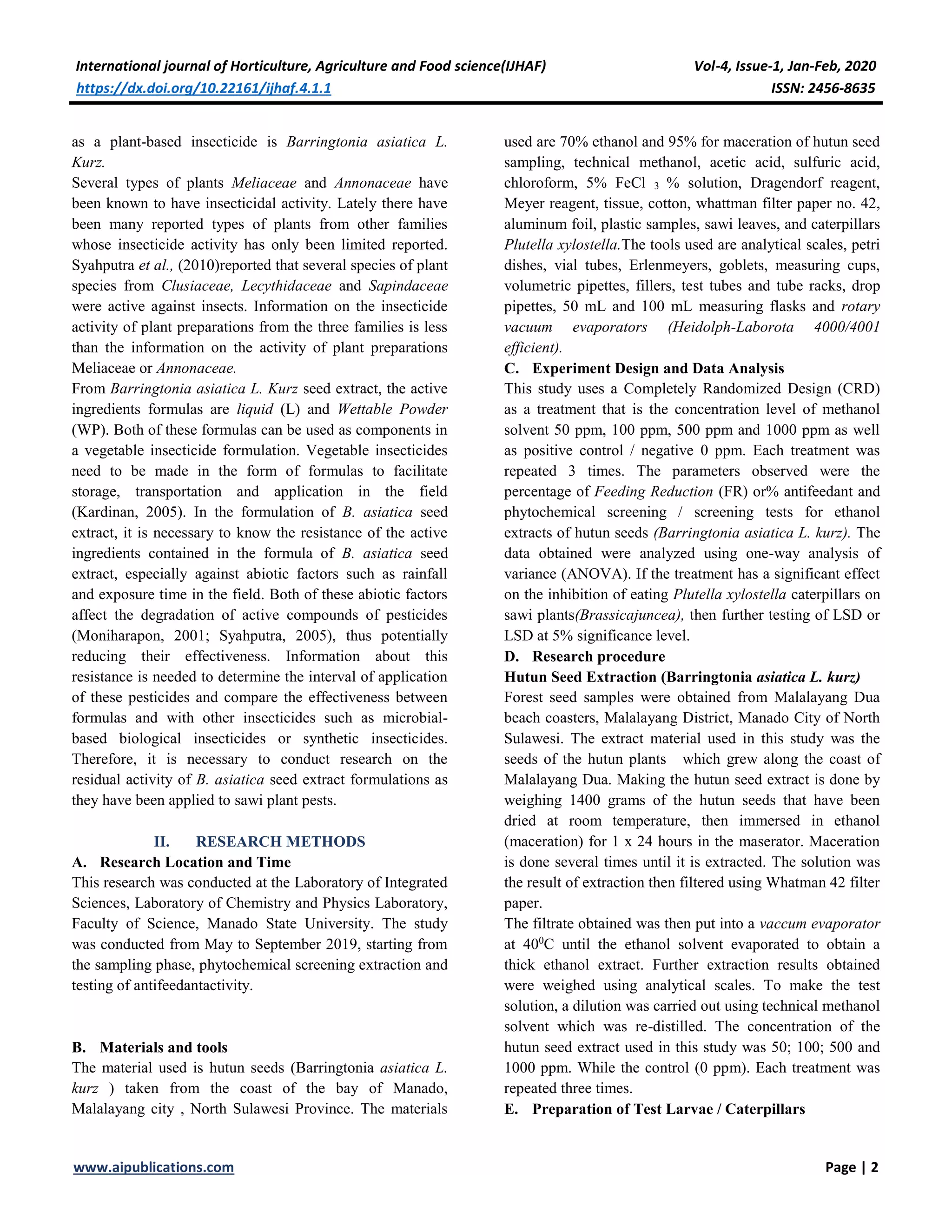 Antifeedant test extracts of Hutun seeds against caterpillar pests ...